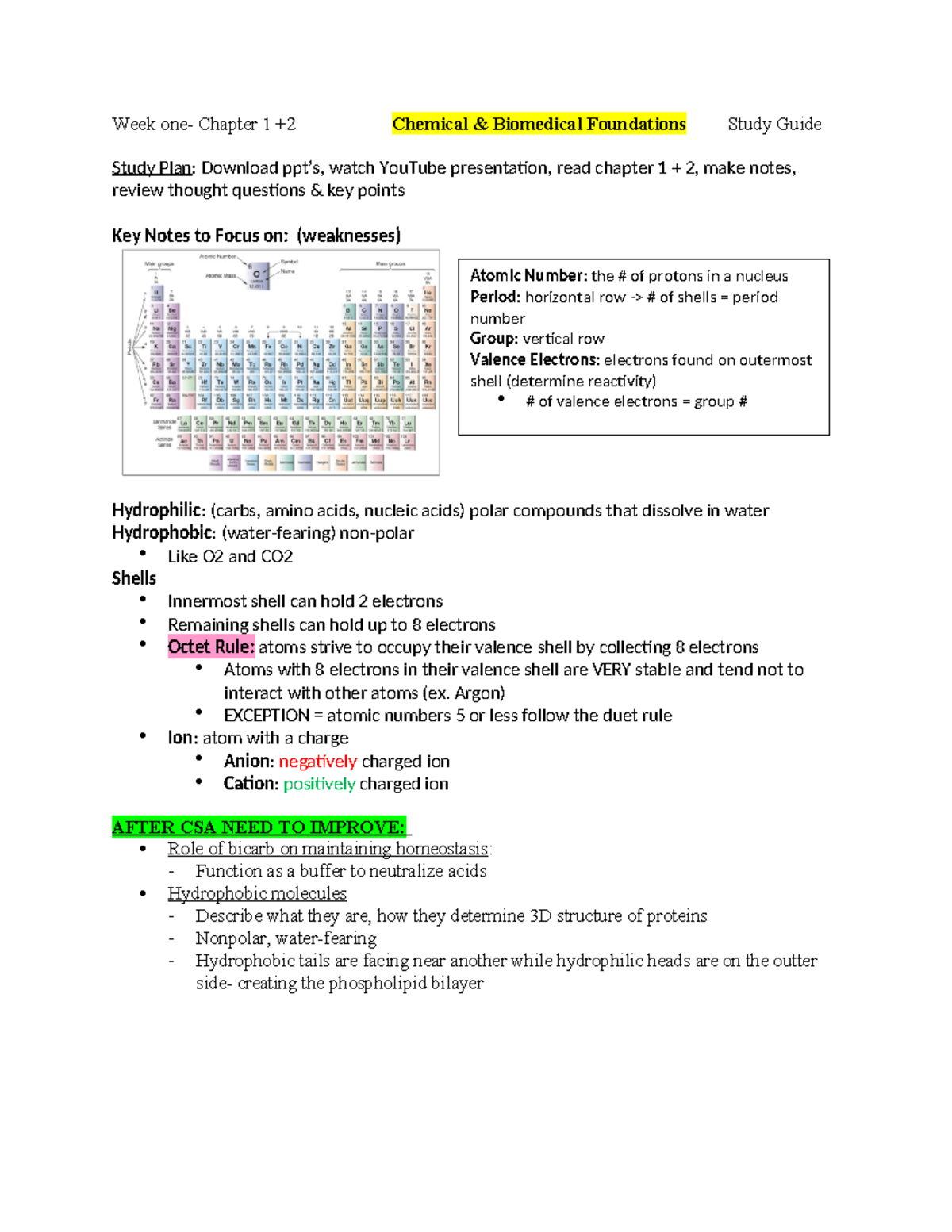 Comprehensive Patho Study Plan - Week one- Chapter 1 +2 Chemical ...