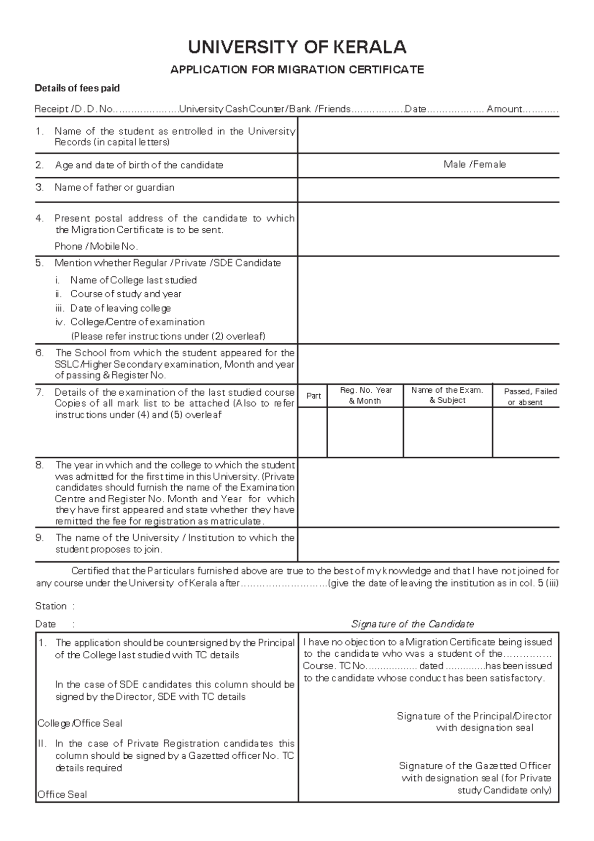 Appli. Migration Certificate - UNIVERSITY OF KERALA APPLICATION FOR ...