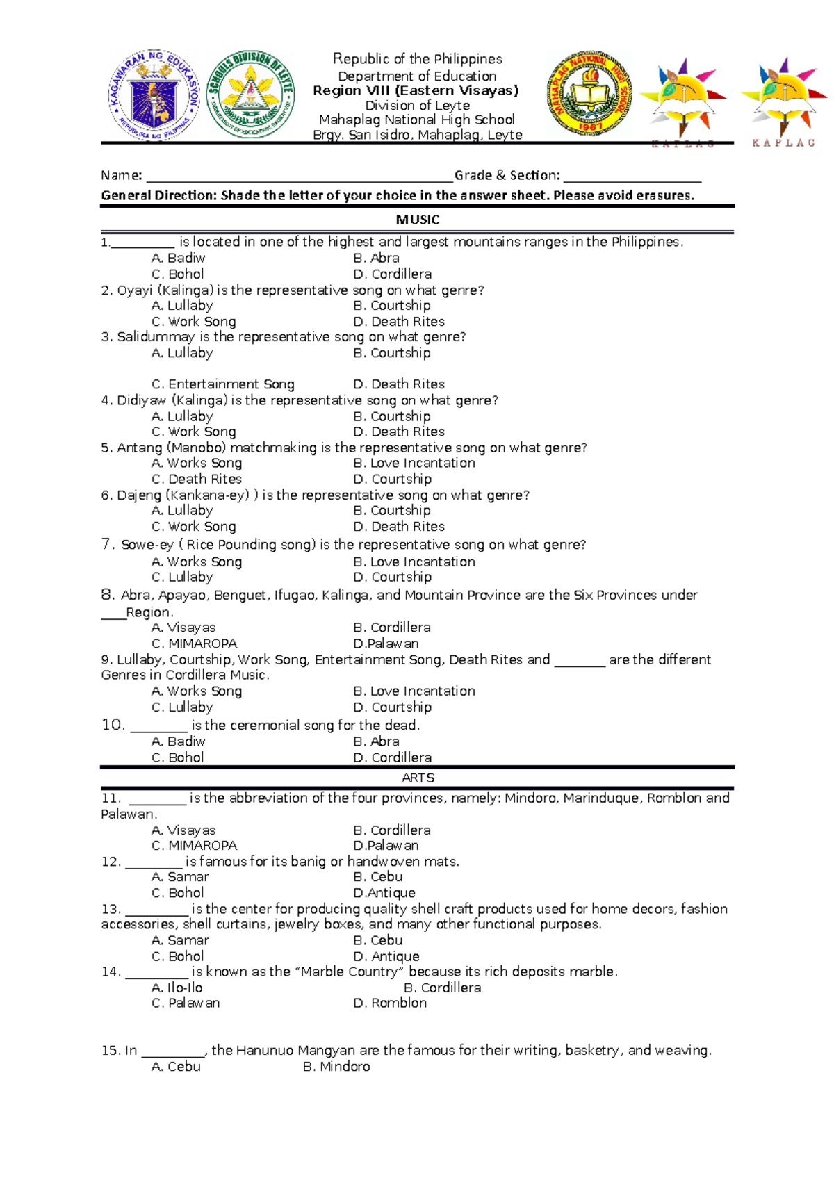 2nd Quarter Questionaire - Republic of the Philippines Department of ...