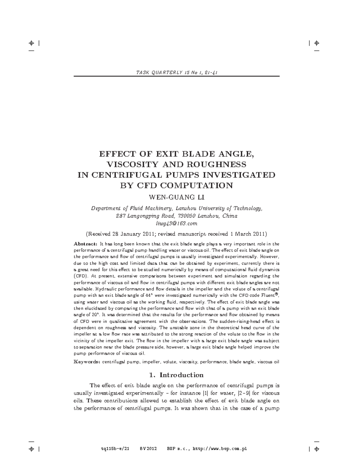 Effect of exit blade angle viscosity - TASK QUARTERLY 15 No 1, 21 ...