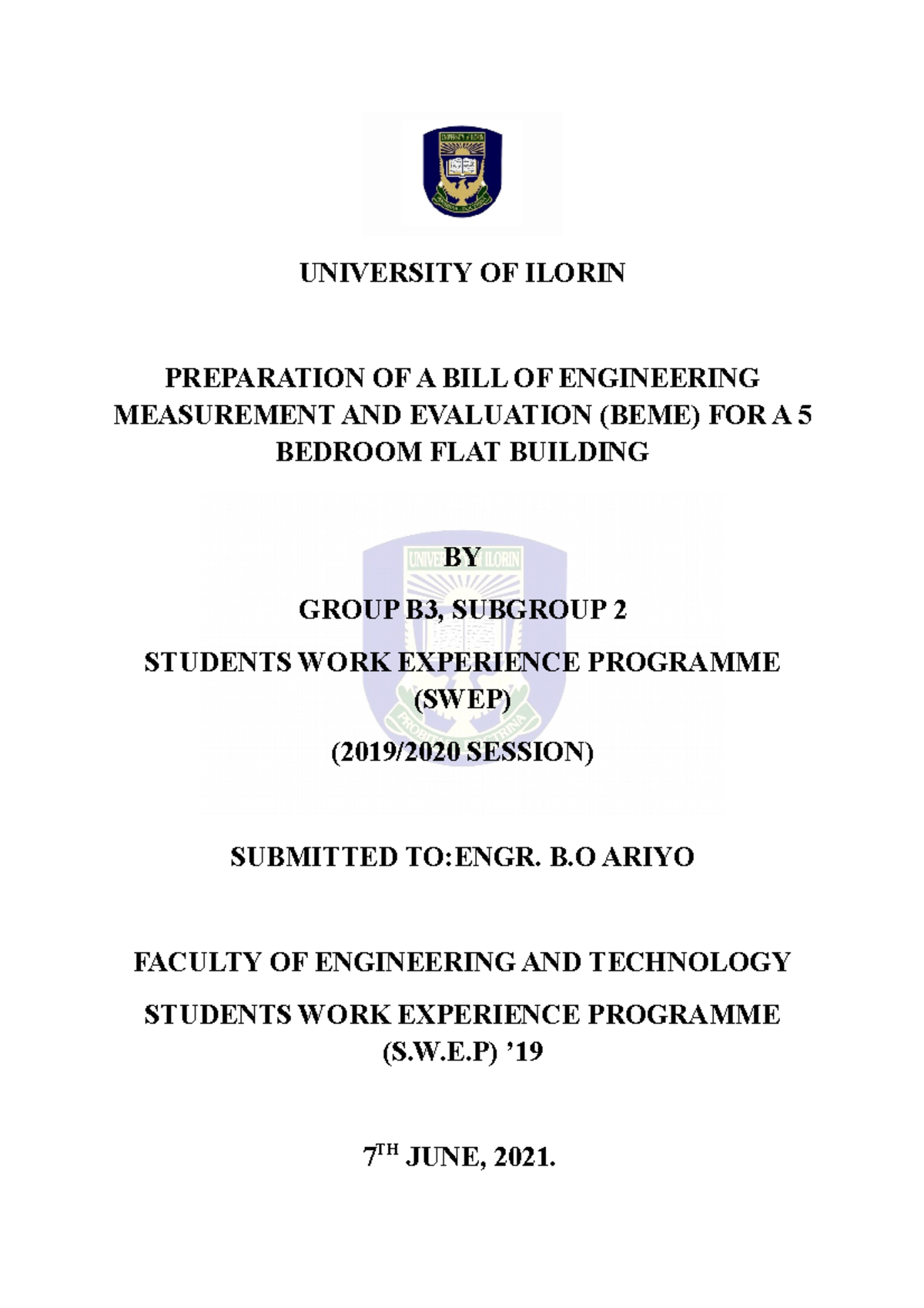 BEME- BILL OF ENGINEERING MEASUREMENT AND EVALUATION - UNIVERSITY OF ...