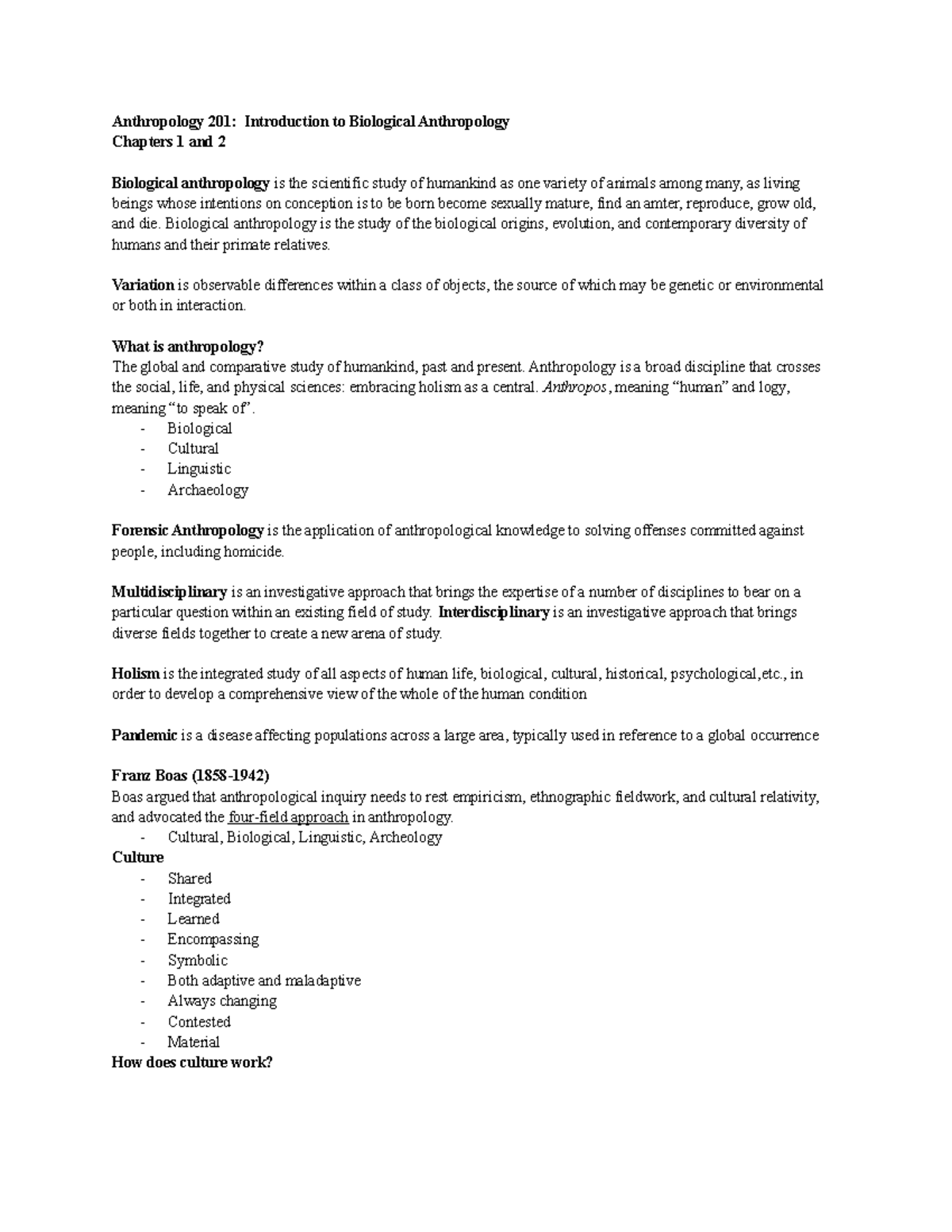 Anth 201 Notes- Lecture 1 - Anthropology 201: Introduction to ...