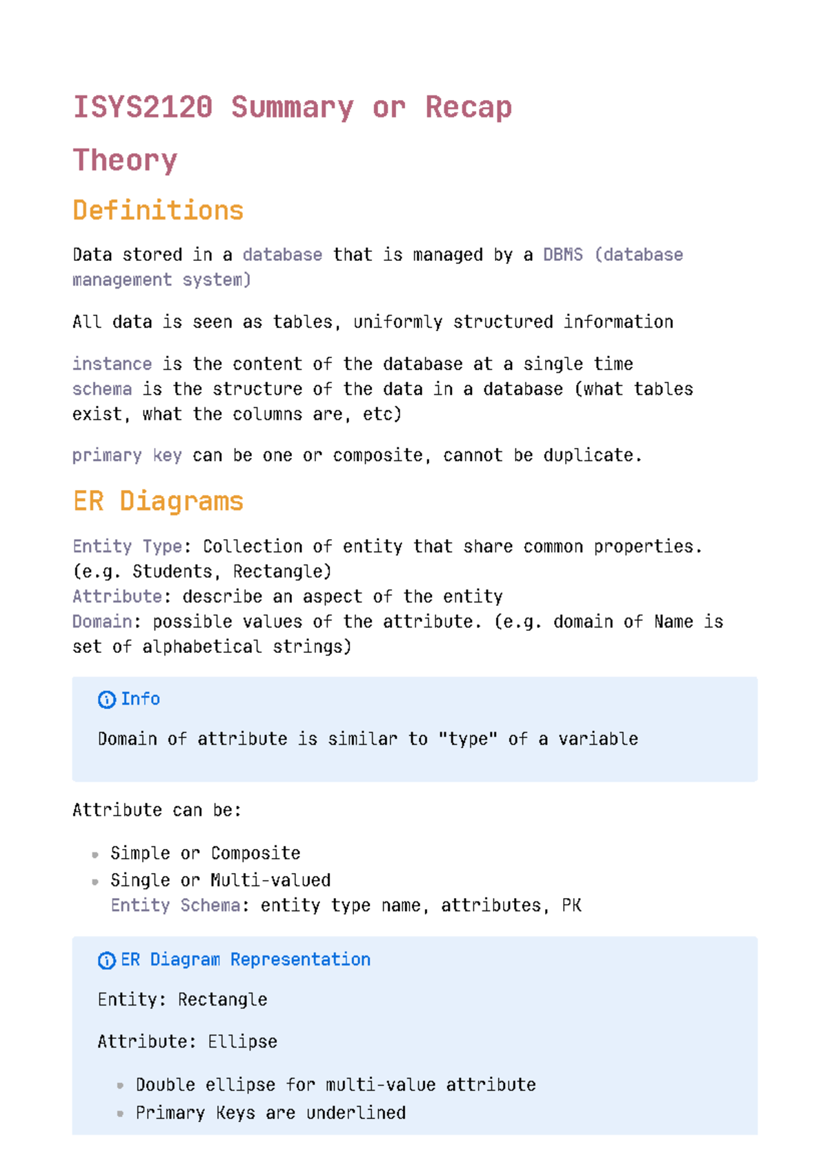 ISYS2120 Summary or Recap - ISYS2120 Summary or Recap Theory ...