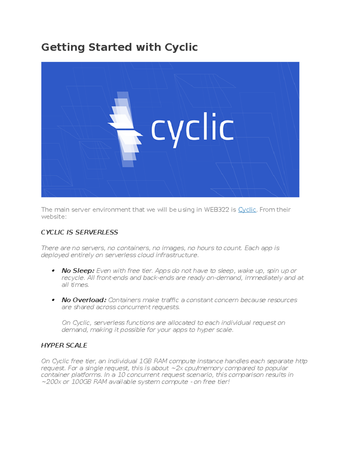 WEB 322 Cyclic Guide - Getting Started with Cyclic The main server ...