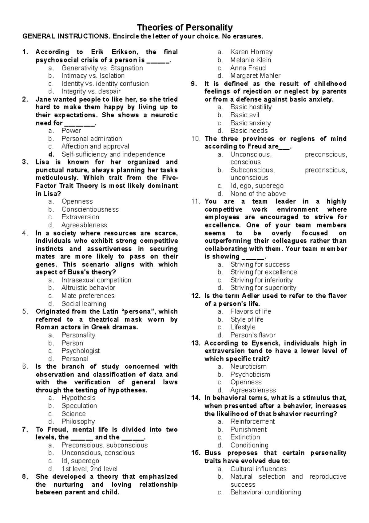 Exam TOP - Sample Questions for Theories of Personality (All Chapters ...