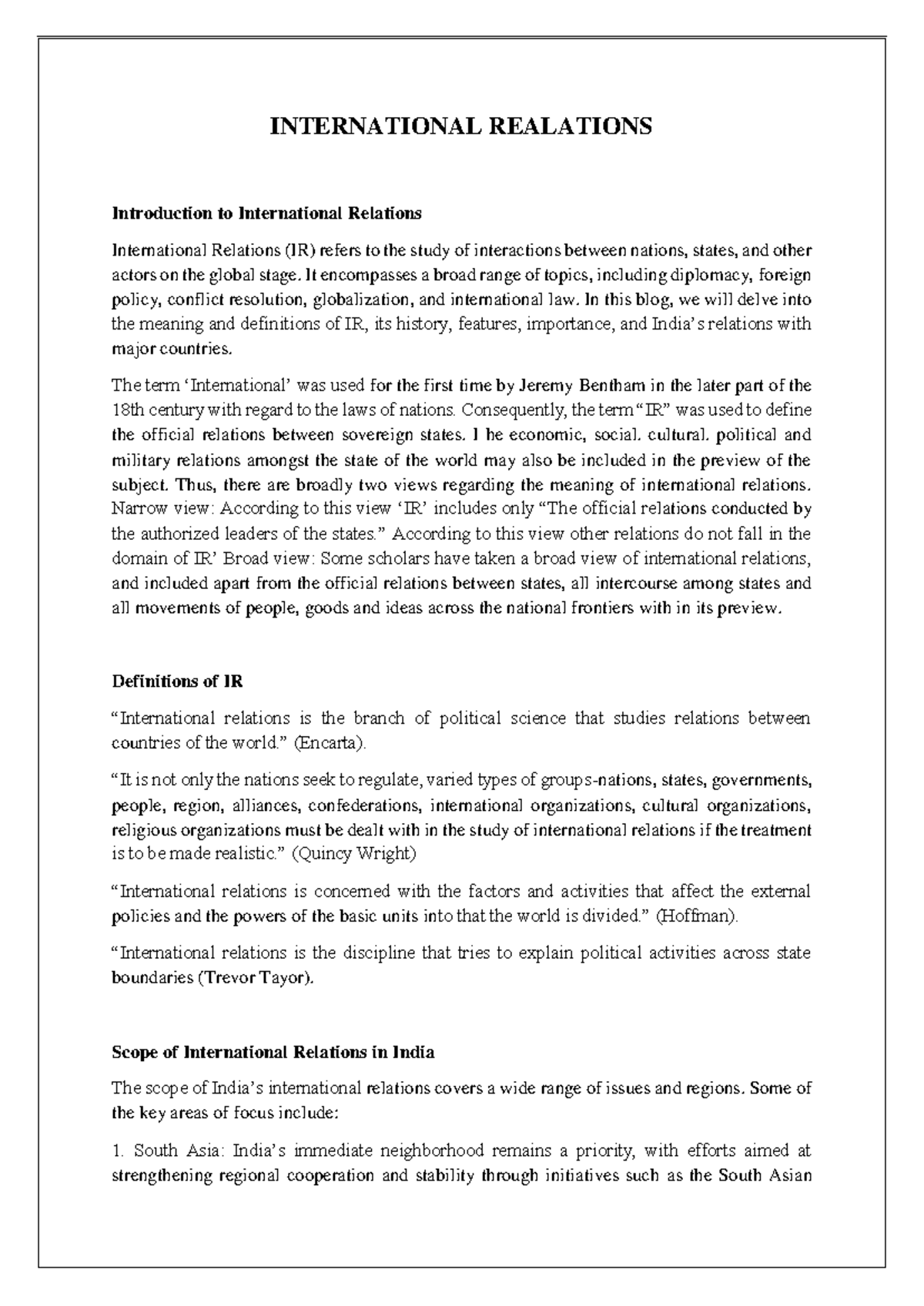 International Relations - INTERNATIONAL REALATIONS Introduction to ...