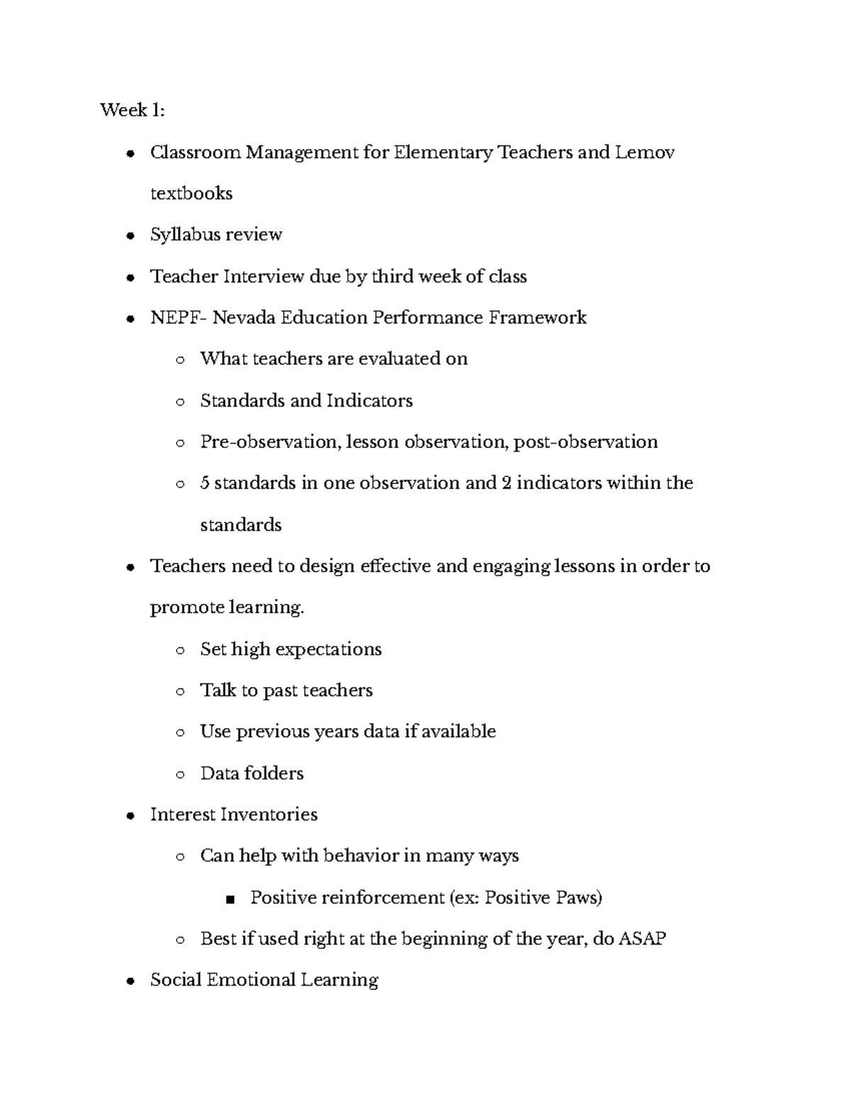 Week 1 Notes - Week 1: Classroom Management for Elementary Teachers and ...