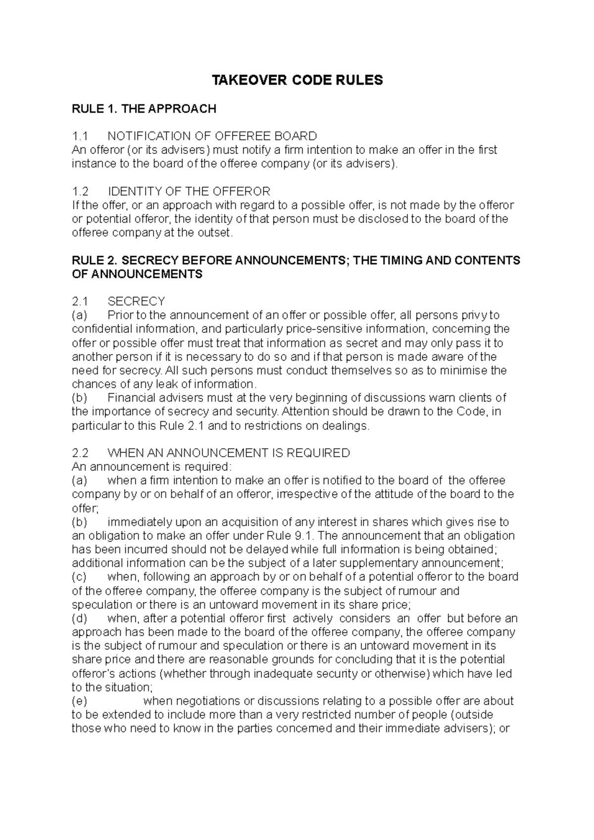 Takeover CODE Rules TAKEOVER CODE RULES RULE 1 THE APPROACH 1