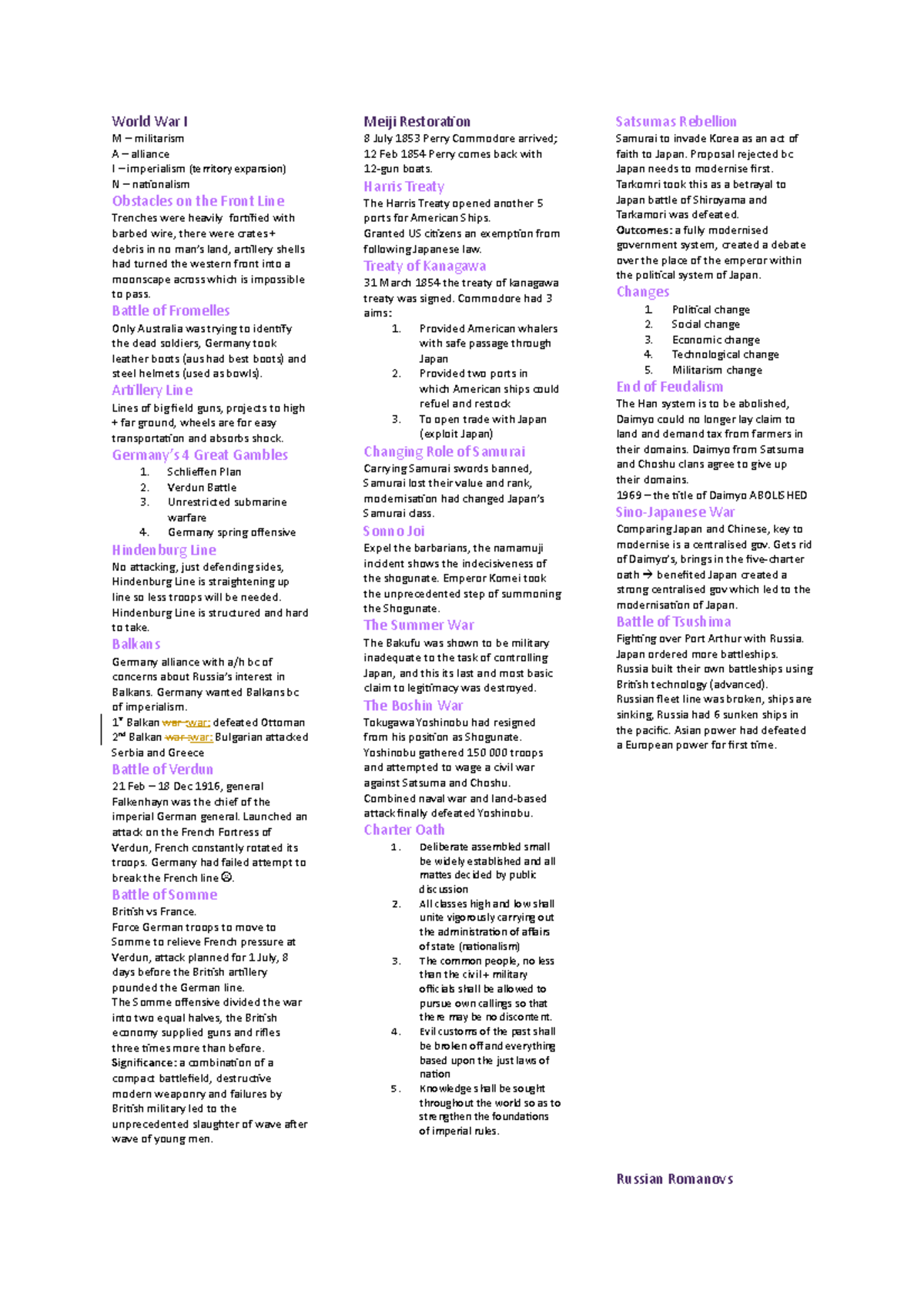 Modern exam notes - World War I M – militarism A – alliance I ...