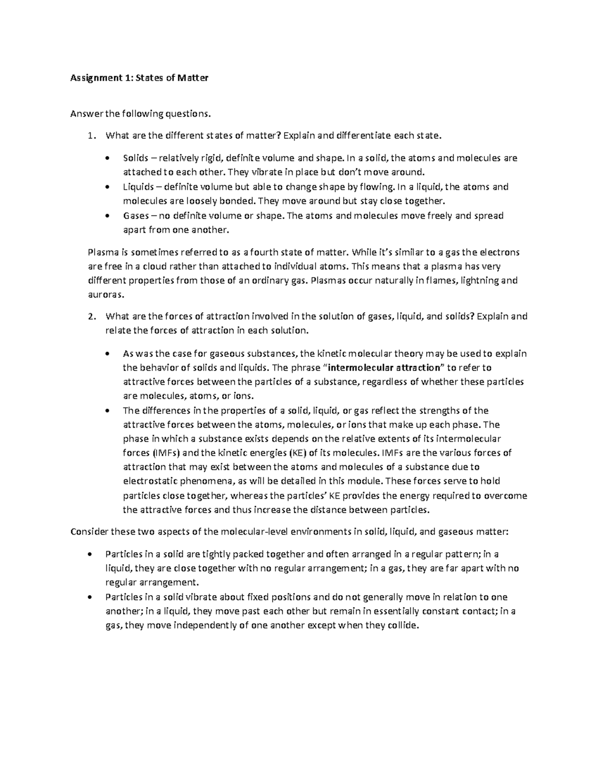 States of matter-Assignment 1 - Assignment 1: States of Matter Answer ...