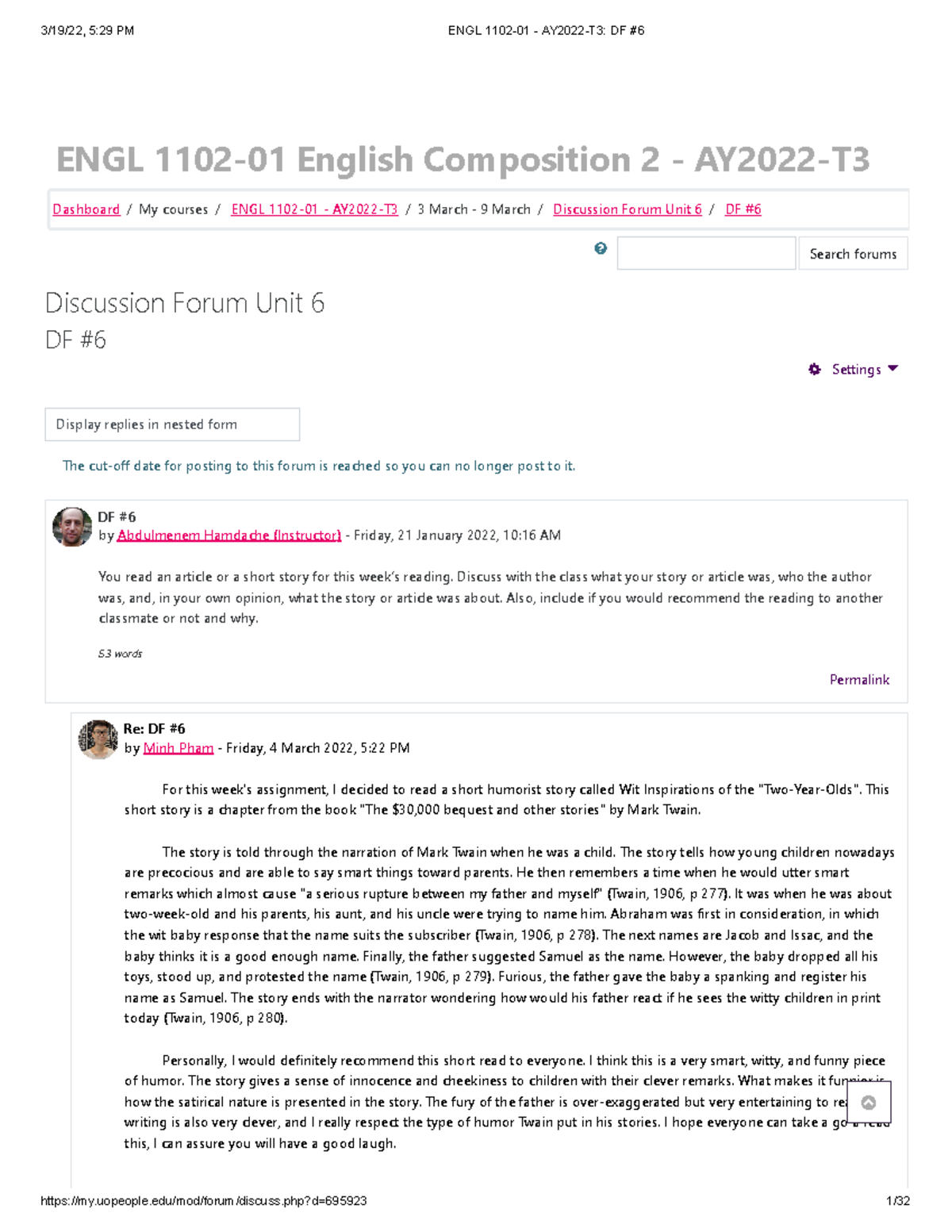 ENGL 1102-01 - AY2022-T3 DF #6 - ENGL 1102-01 English Composition 2 ...