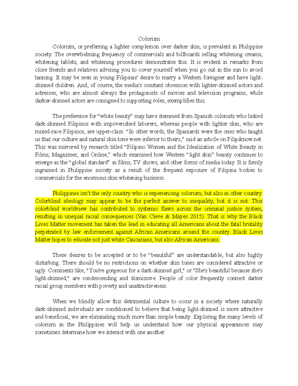 UCSP Colorism - Colorism Colorism, or preferring a lighter complexion ...