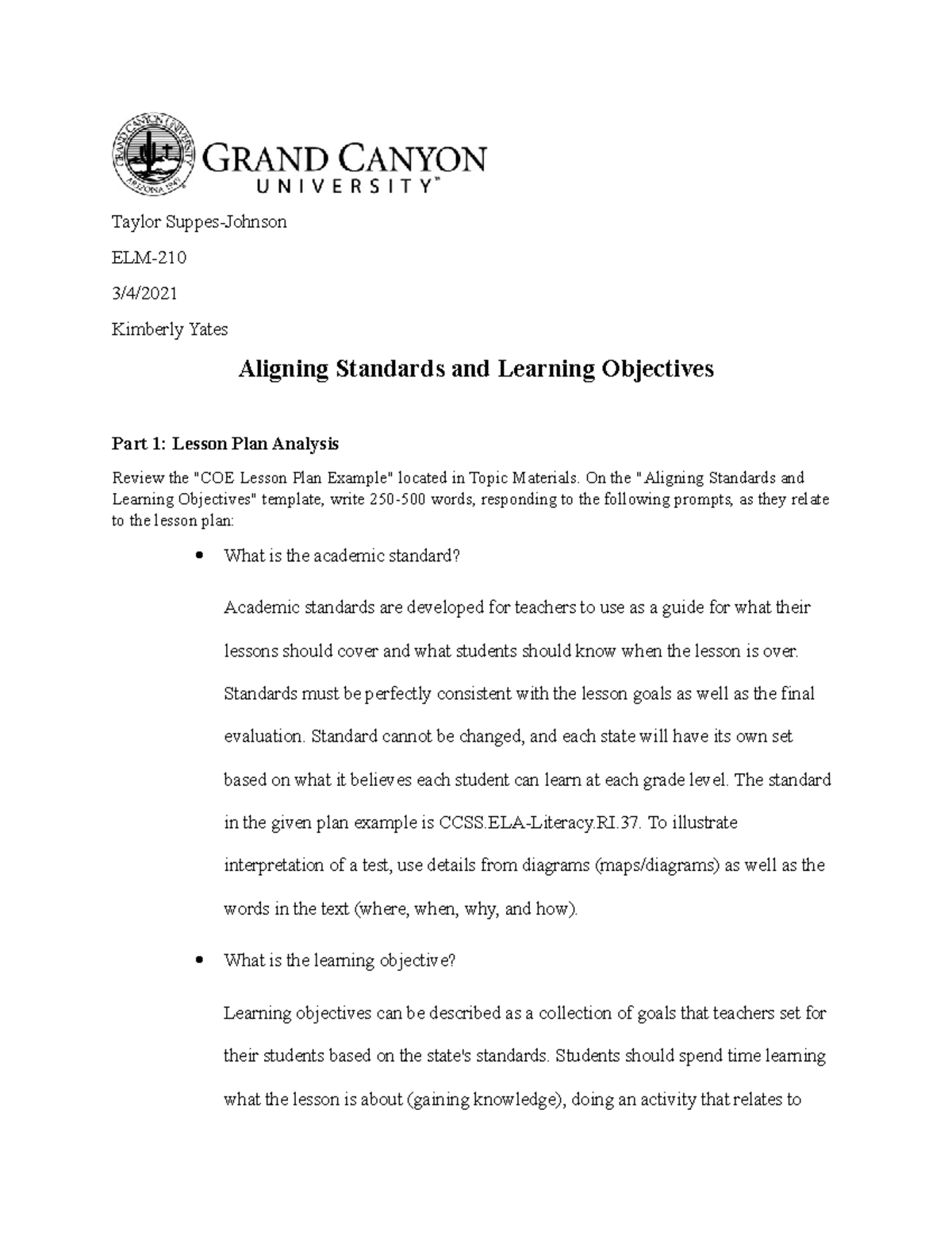 Aligning Standards and Learning Objectives - Taylor Suppes-Johnson ELM ...