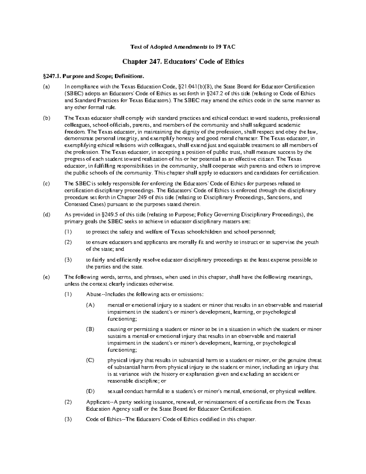 TEA - TEA Guidelines teaching - Text of Adopted Amendments to 19 TAC ...