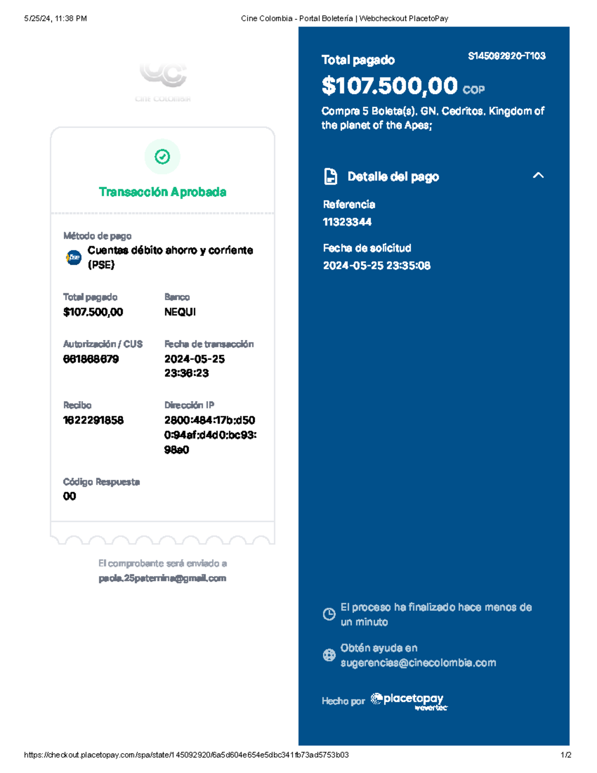 Cine Colombia - Portal Boletería Webcheckout Placeto Pay - Total pagado ...