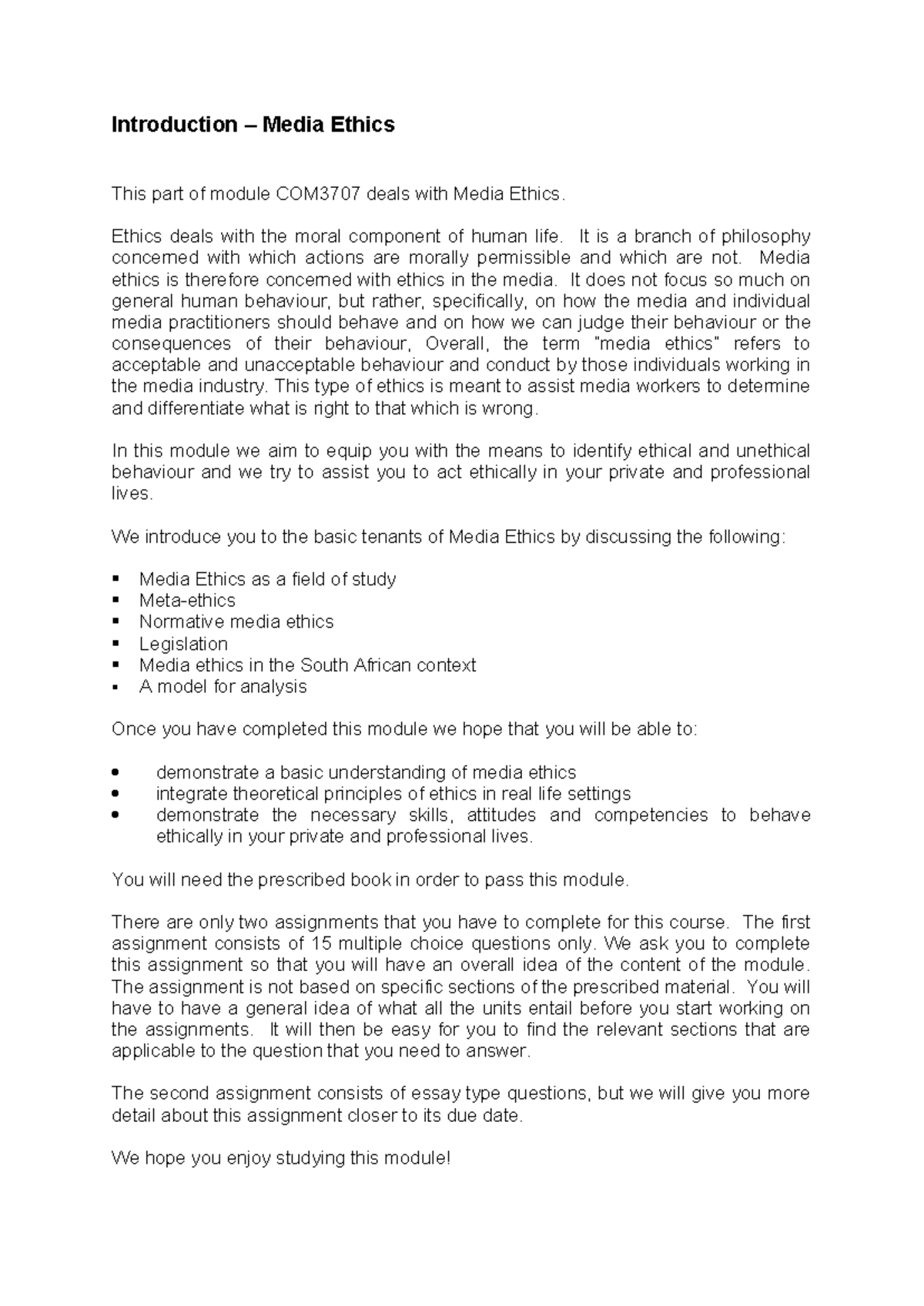 Lesson 1-Media Ethics - Introduction – Media Ethics This part of module ...