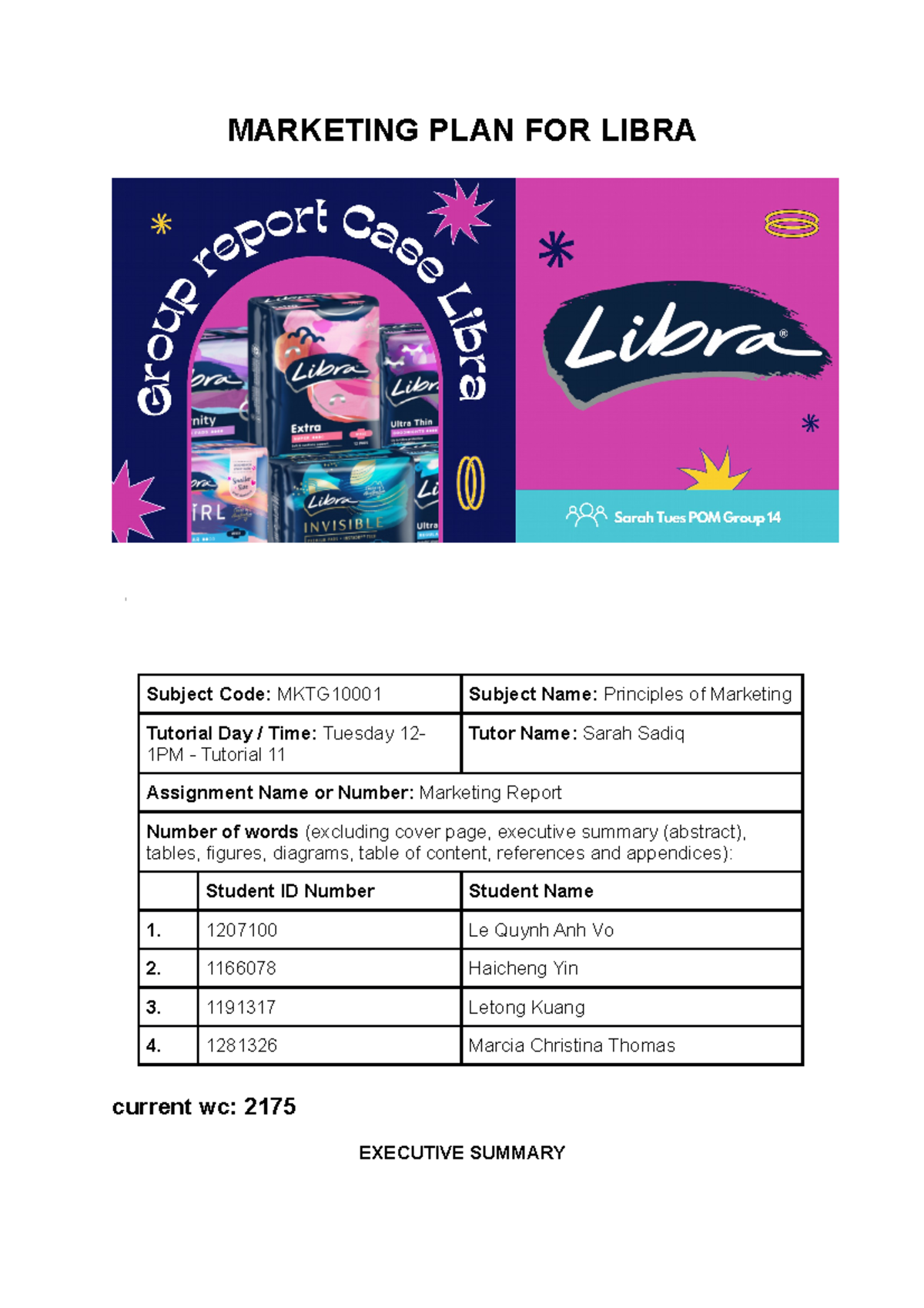 Marketing Report (integration) - MARKETING PLAN FOR LIBRA Subject Code ...