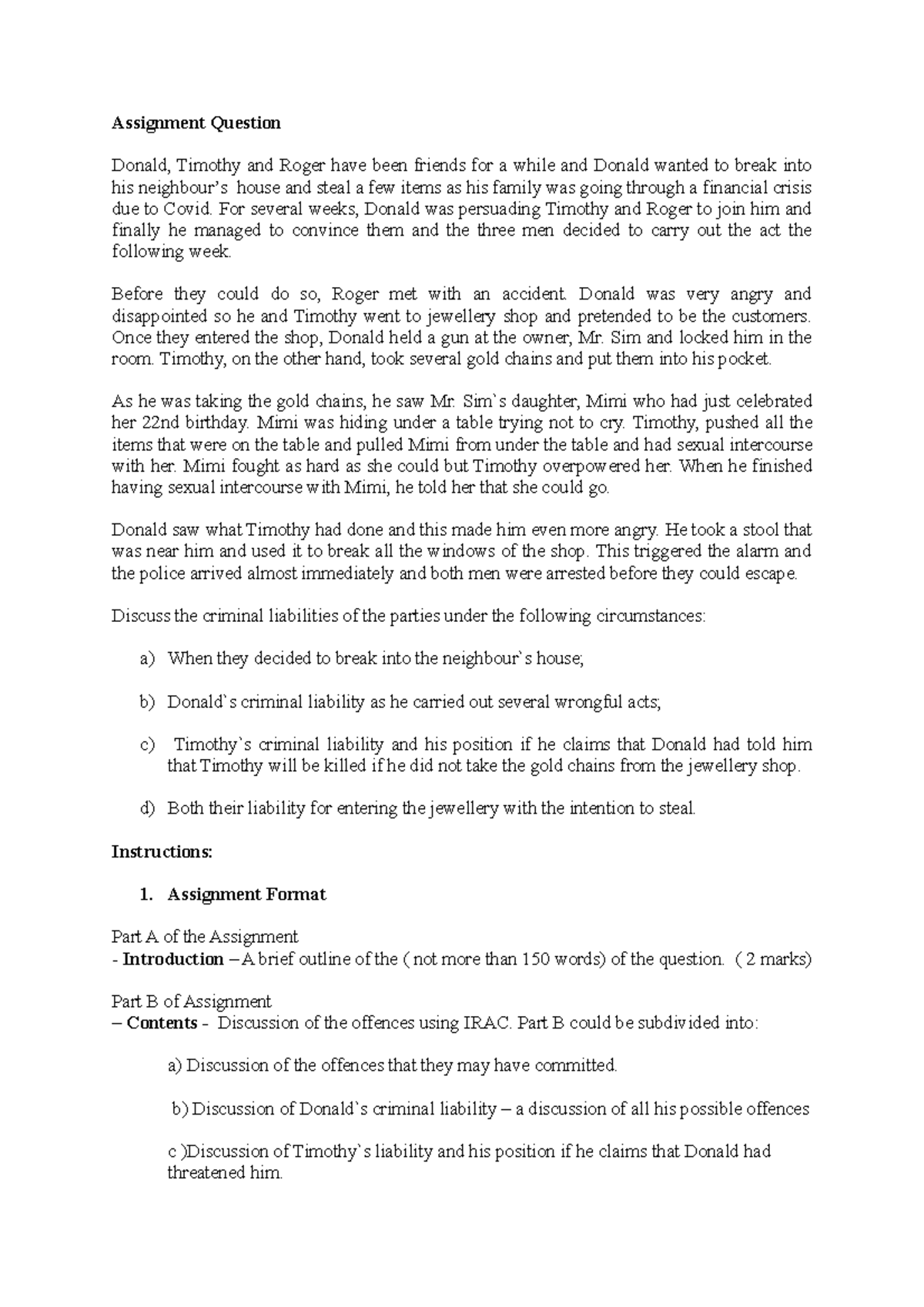 CRIMINAL LAW 2 Assignment Question - 19-1 - Assignment Question Donald ...