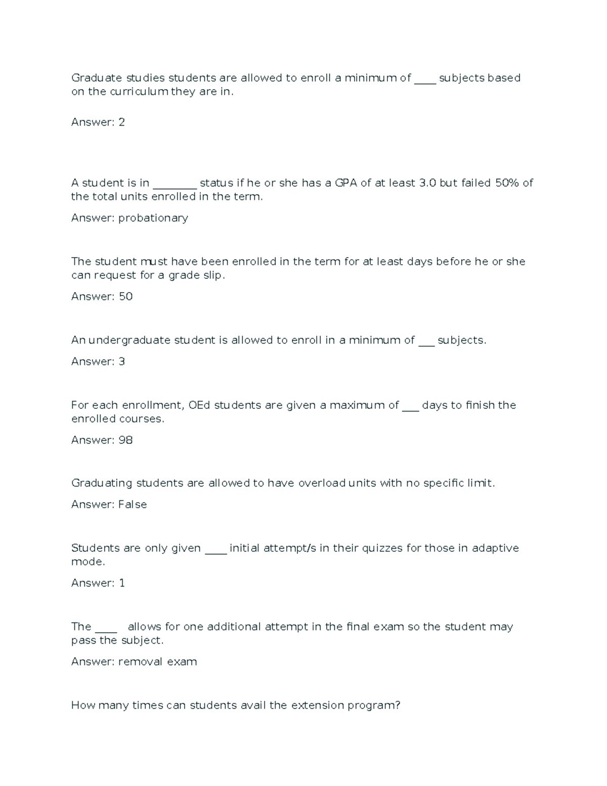 Answer- Sheets - Graduate studies students are allowed to enroll a ...