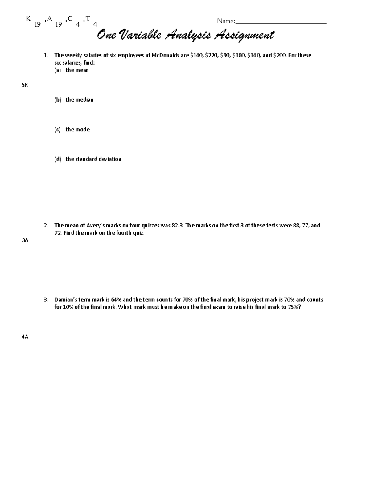 Grade 12 Review for Statistics Methods - 1 var stats - Name ...