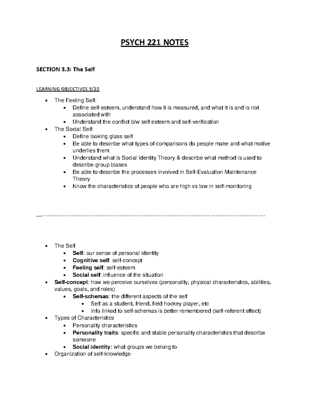 Unit 3 psychology notes - PSYCH 221 NOTES SECTION 3: The Self LEARNING ...