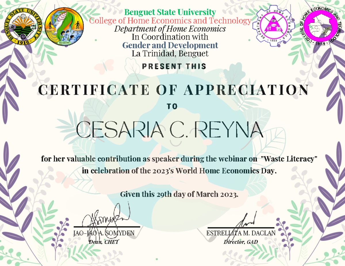 Waste Literacy Certificates - C E R T I F I C A T E O F A P P R E C I A ...