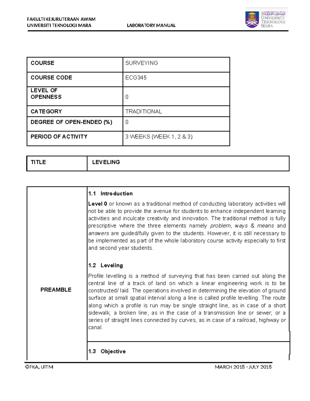LAB 1 ( Level 0) - Leveling - COURSE SURVEYING COURSE CODE ECG LEVEL OF ...