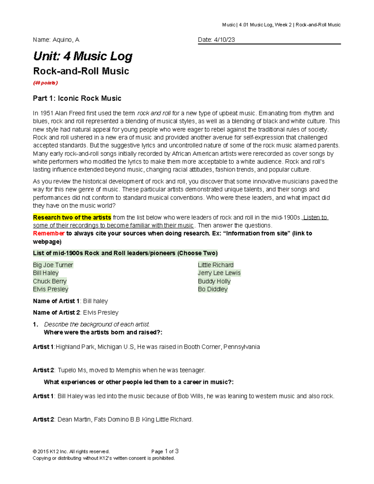 Aquino,A 2368713 - English assignments - Music | 4 Music Log, Week 2 ...