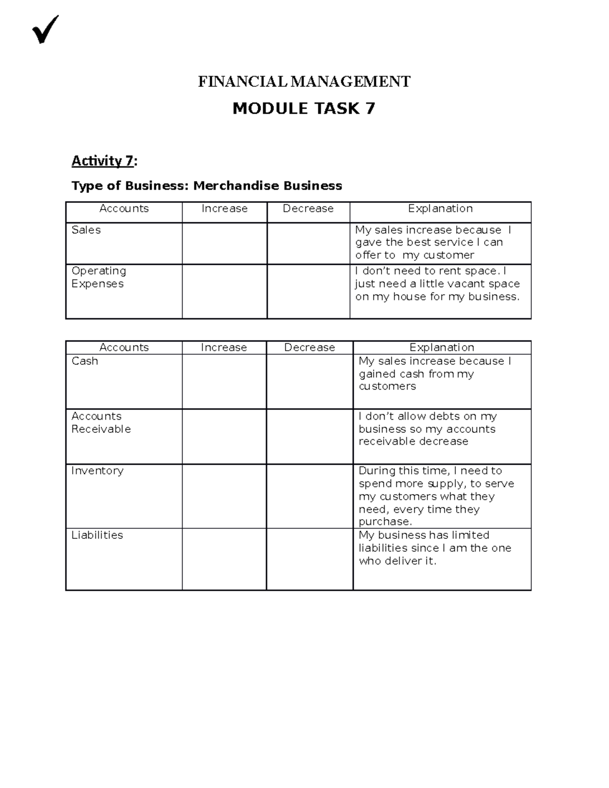 Financial Management Module TASK 7 8 9 10 - MODULE TASK 7 Activity 7 ...