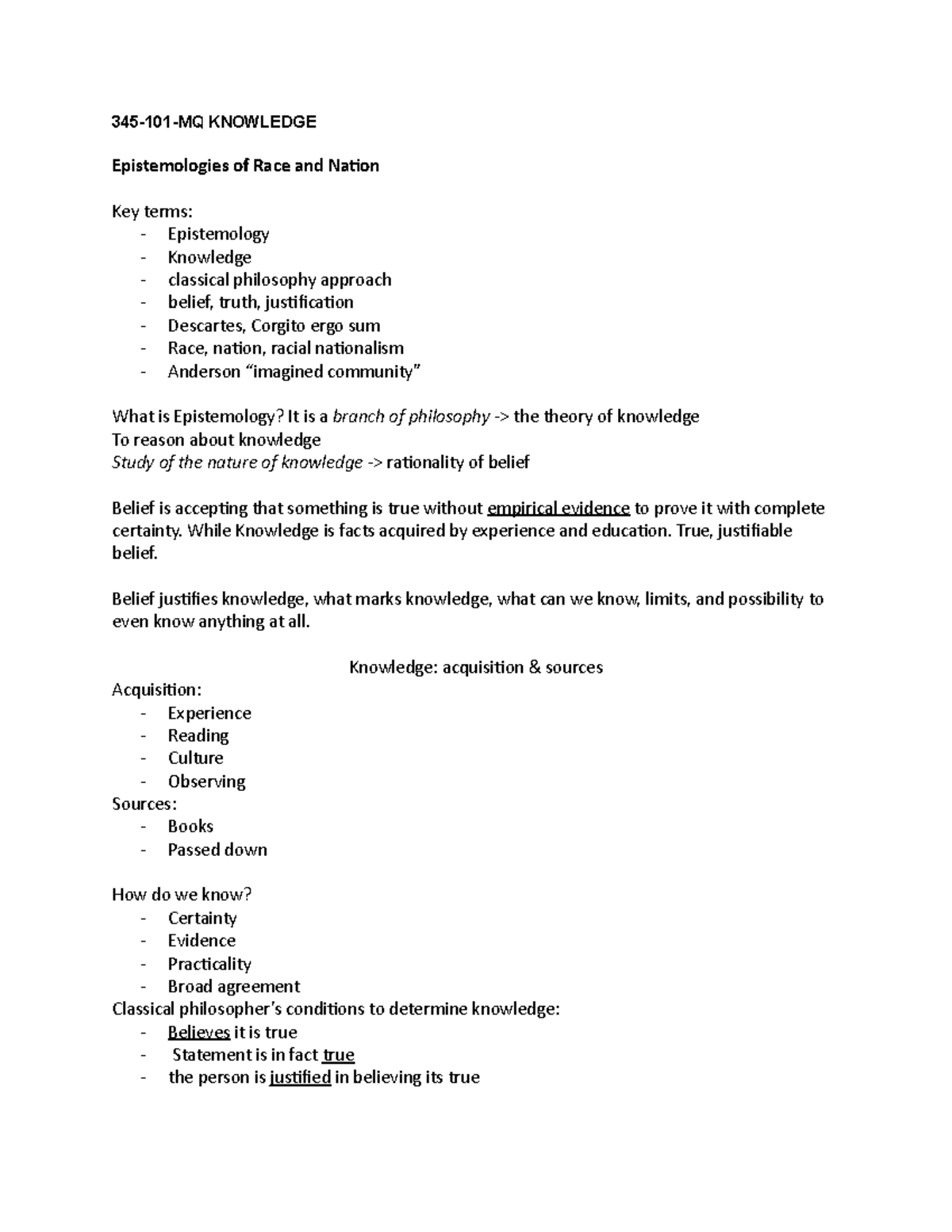 Knowledge notes - 345-101-MQ KNOWLEDGE Epistemologies of Race and ...