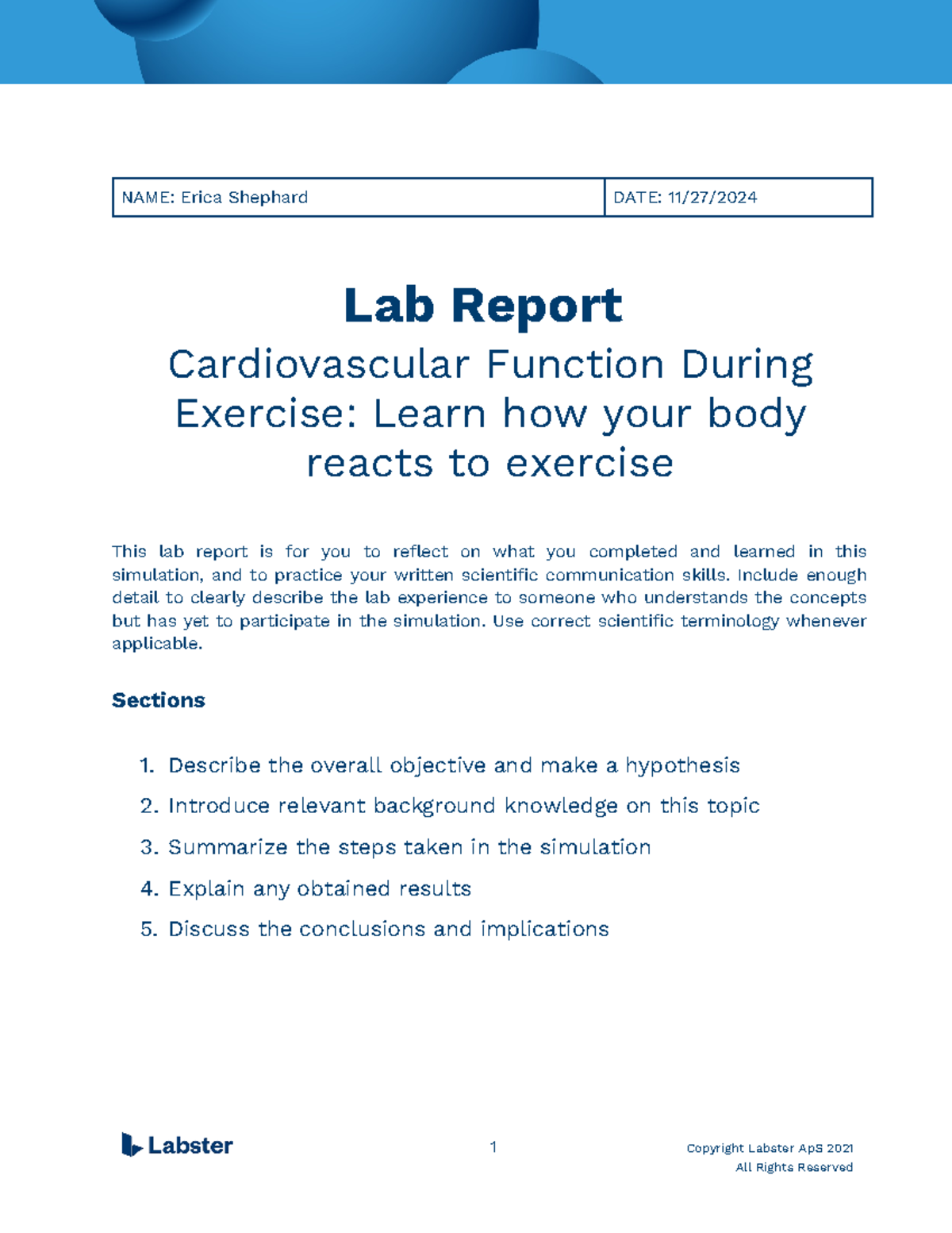 How the Cardiovascular System Reacts to Exercise - NAME: Erica Shephard ...