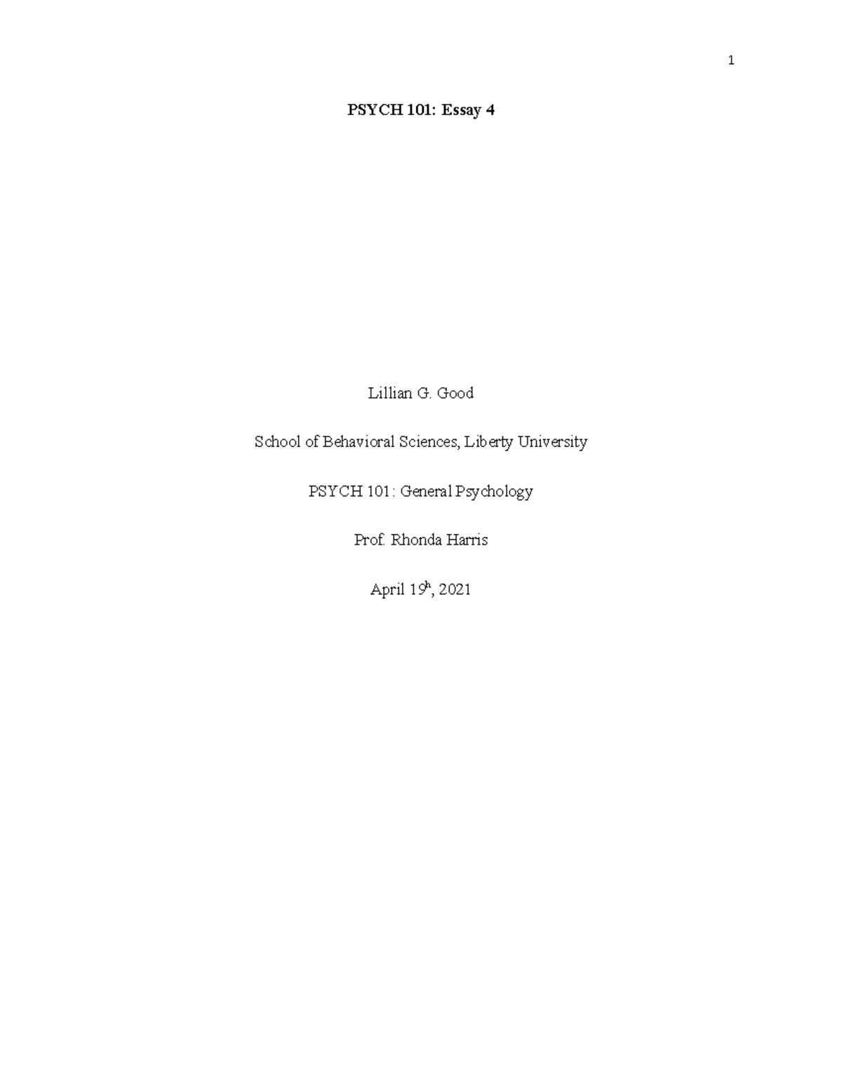 Psychology 101 Essay Four: Motivation - PSYCH 101: Essay 4 Lillian G ...