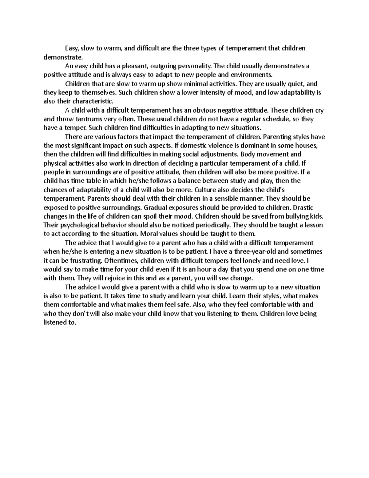 Child Development Essay number one - Easy, slow to warm, and difficult ...