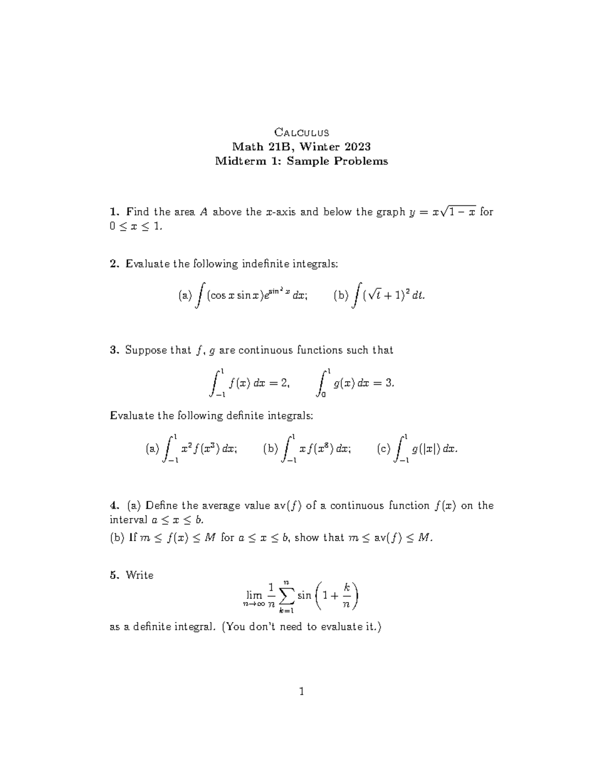 Midterm 1 Sample 21b 2023 Calculus Math 21b Winter 2023 Midterm 1 Sample Problems Find The