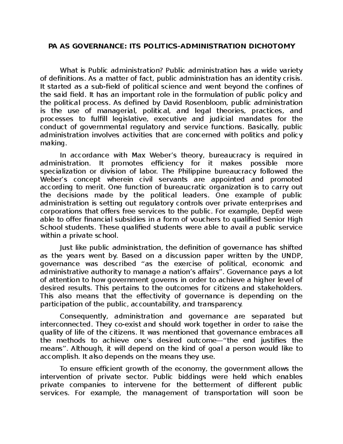 PA AS Governance ITS Politics Administration Dichotomy - AB Foreign ...