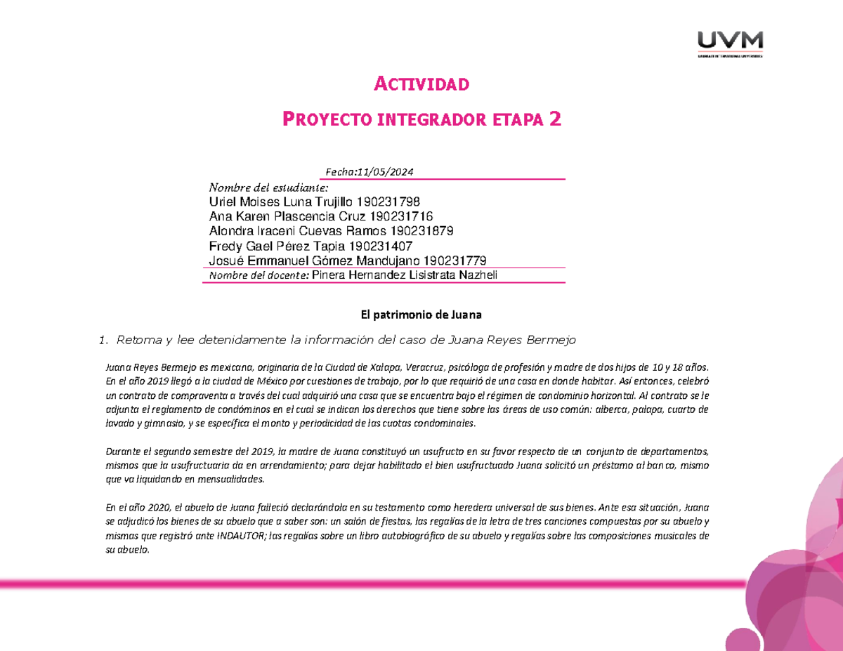 PI Eq n - proyecto integrador etapa 2 - ACTIVIDAD PROYECTO INTEGRADOR ETAPA 2 Fecha: 11 / 05 ...