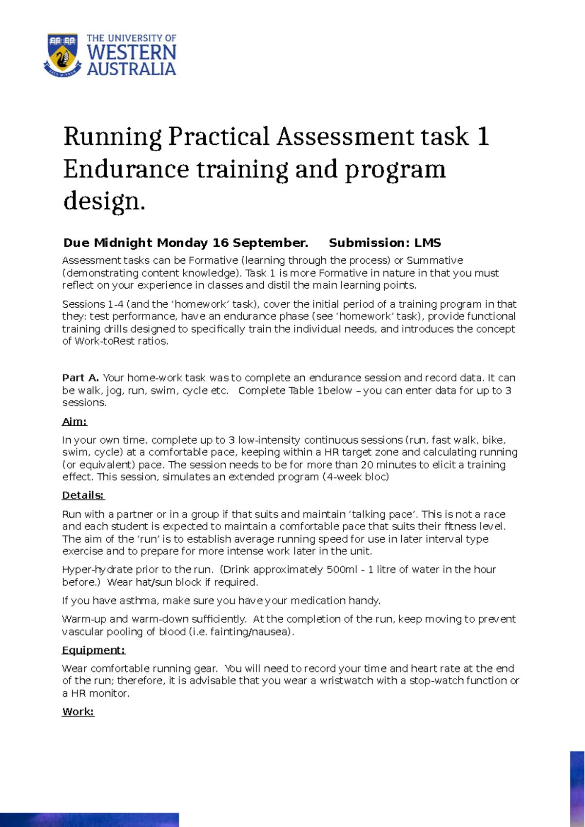 Running Worksheet 1 - Running Practical Assessment task 1 Endurance ...