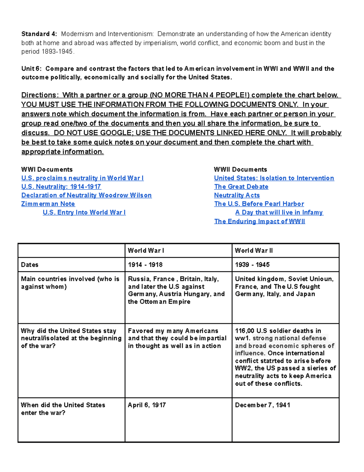 Unit 6 Compare and Contrast US involvement in World Wars - Standard 4 ...