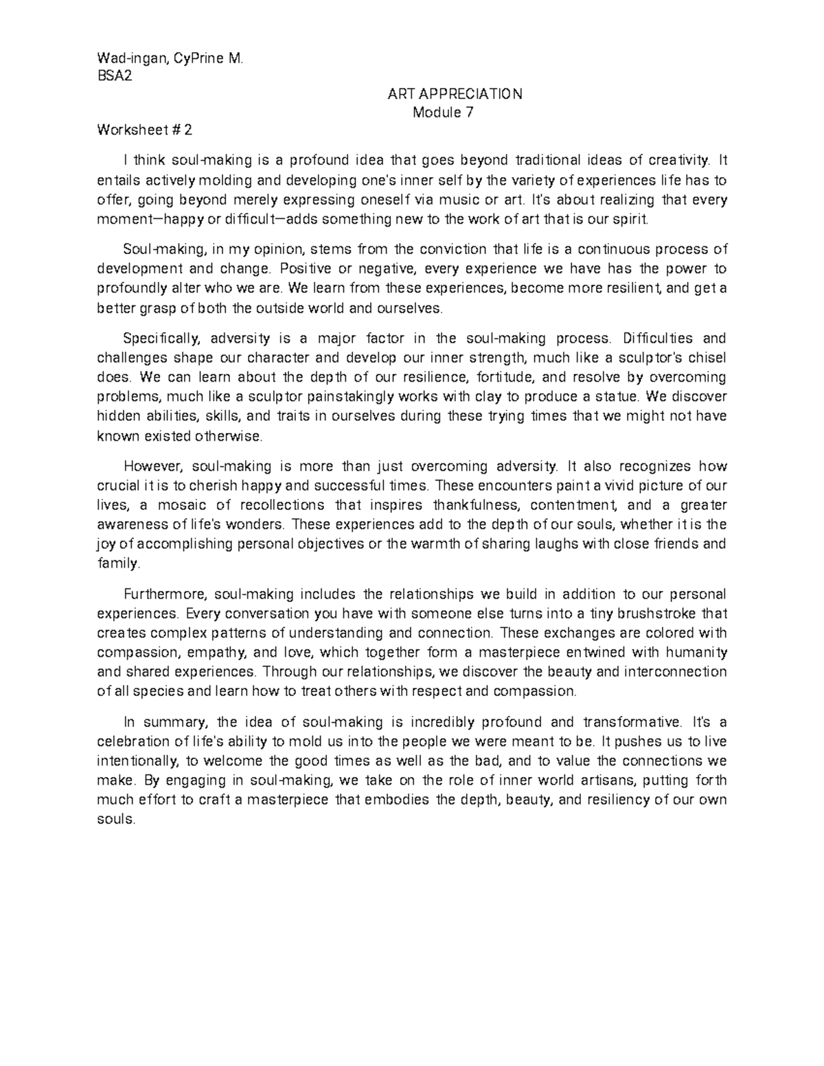 Module 7-artapp - Wad-ingan, CyPrine M. BSA ART APPRECIATION Module 7 Worksheet # 2 I think ...