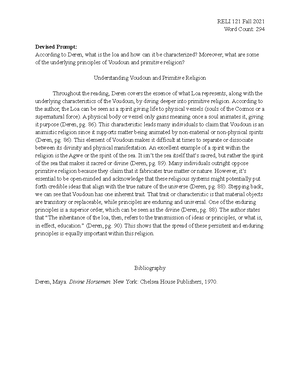 Week 5 Recitation Paper - RELI 121 Fall 2021 Word Count: 341 Devised ...