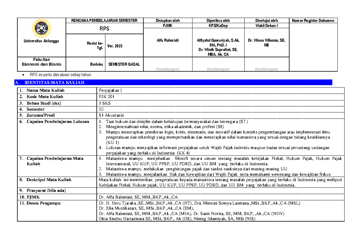 RPS Perpajakan I 2023 - RPS - Universitas Airlangga RPS PJMK KPS/KaDep ...