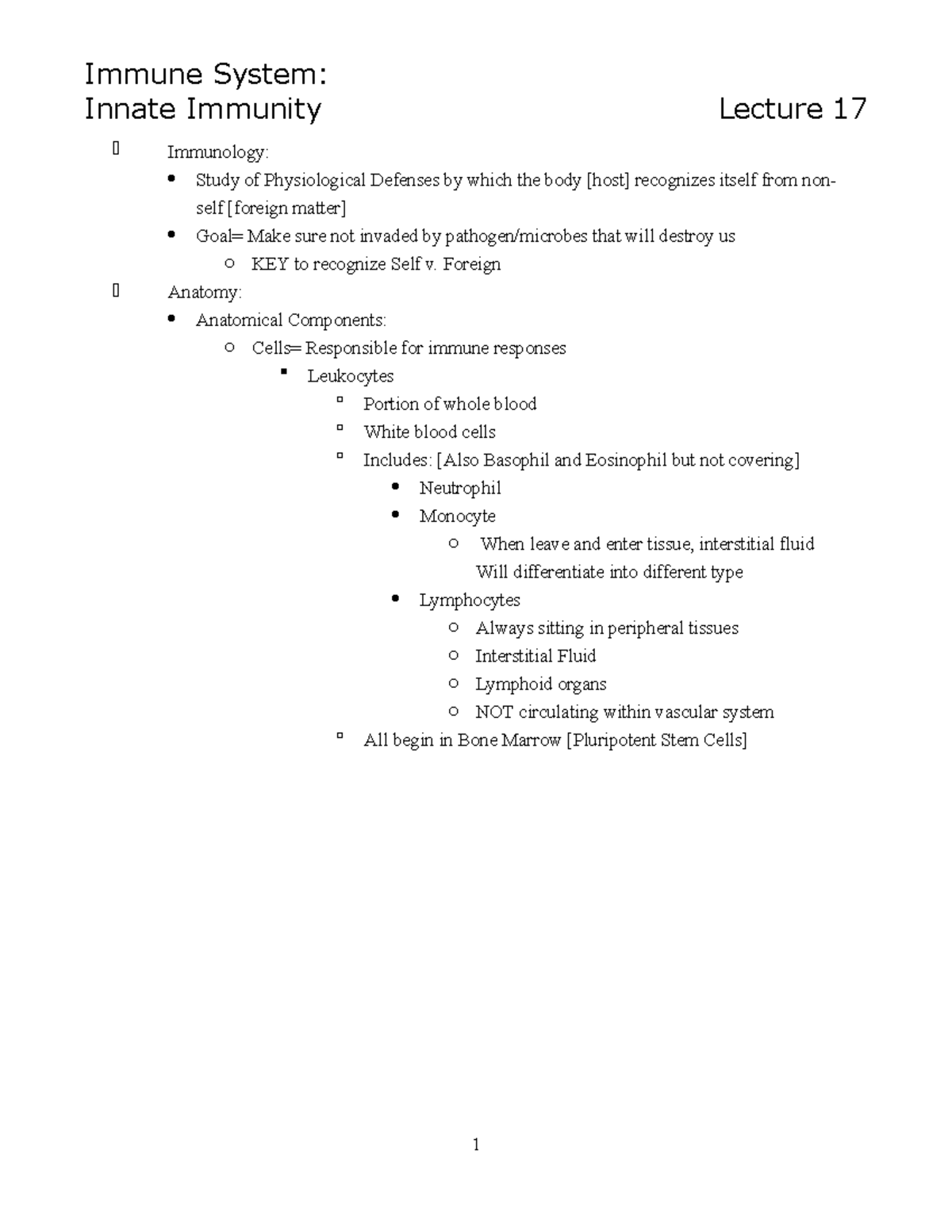 Exam 3-notes 1 - Lecture notes 17-19 - Immune System: Innate Immunity ...