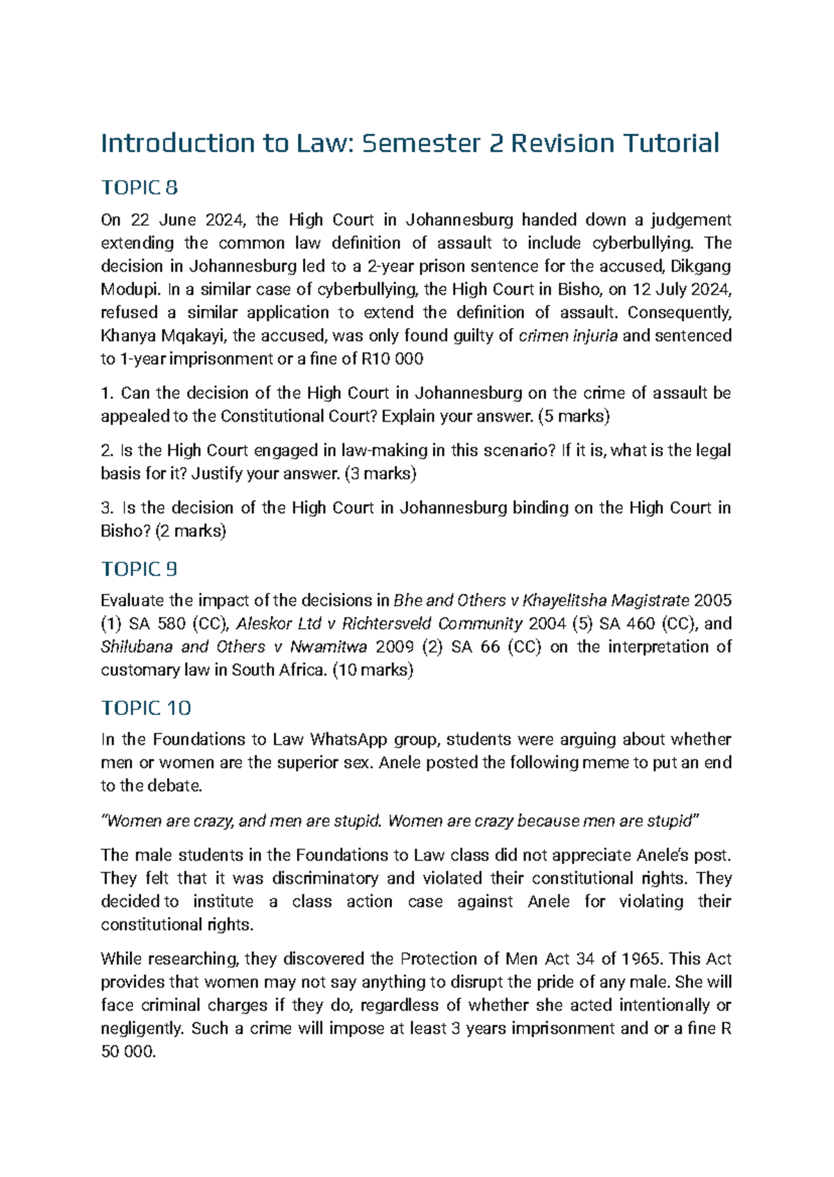 Tutorial Revision Questions Introduction To Law Semester 2 Revision Tutorial Topic 8 On 22