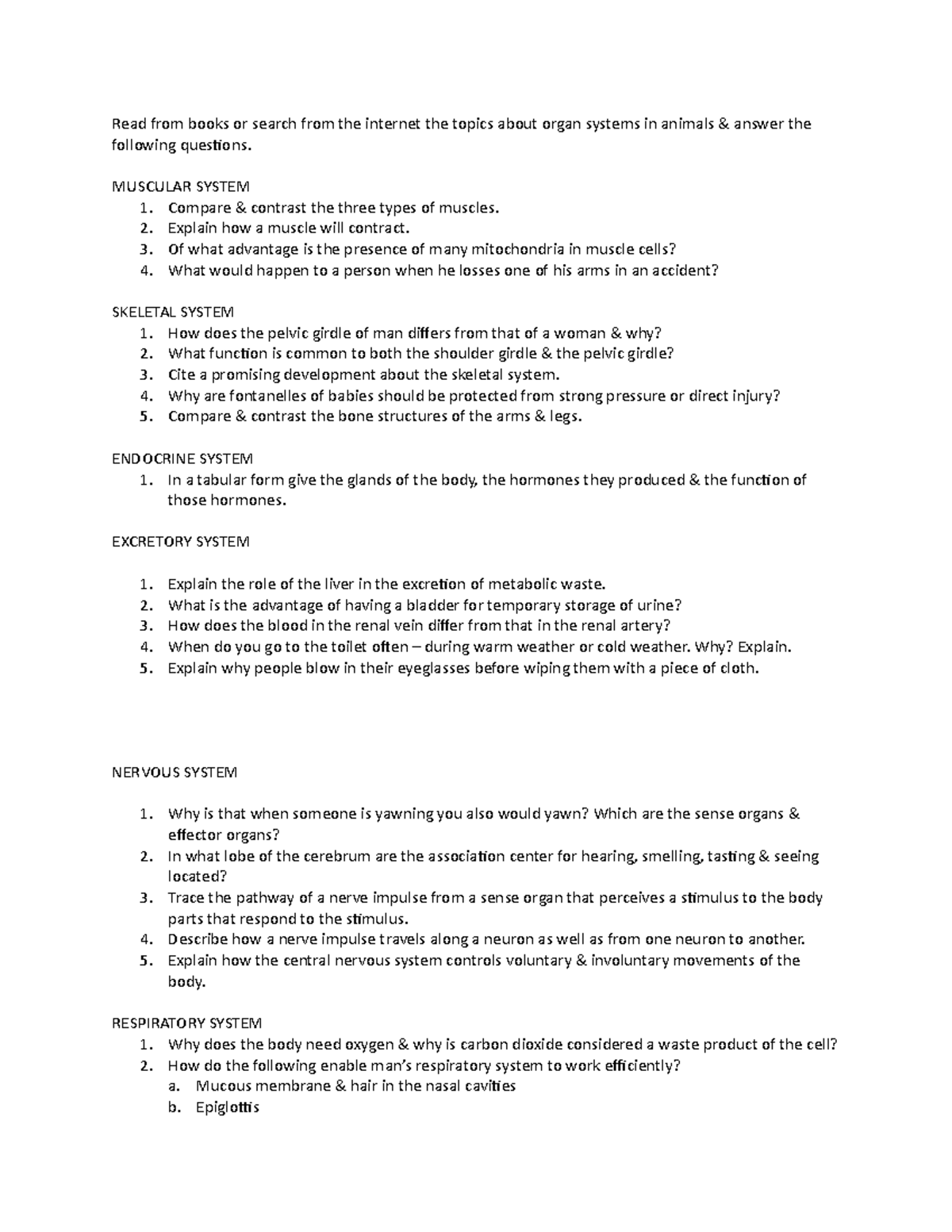 Questions on Organ Systems - Read from books or search from the ...