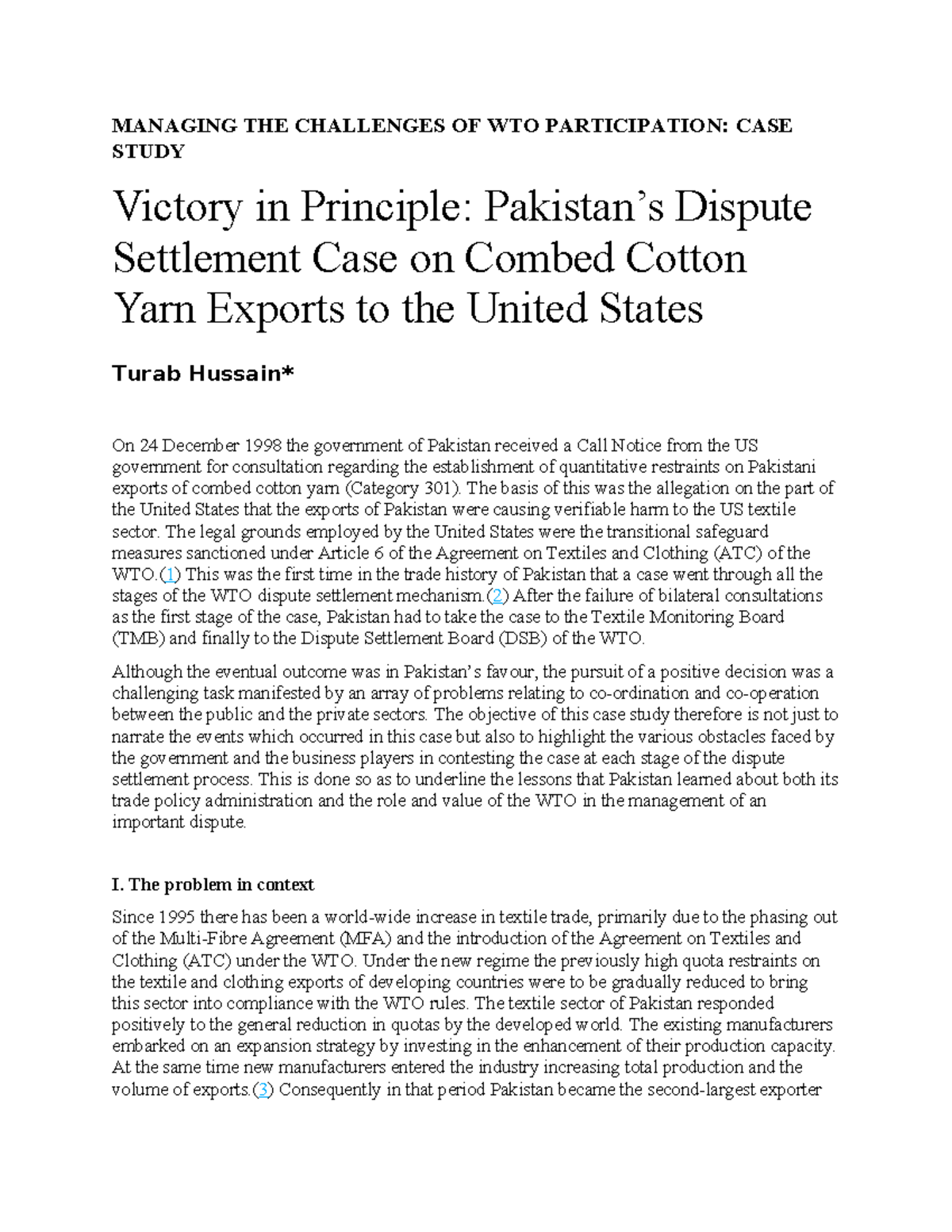 WTO Case Study - MANAGING THE CHALLENGES OF WTO PARTICIPATION: CASE ...