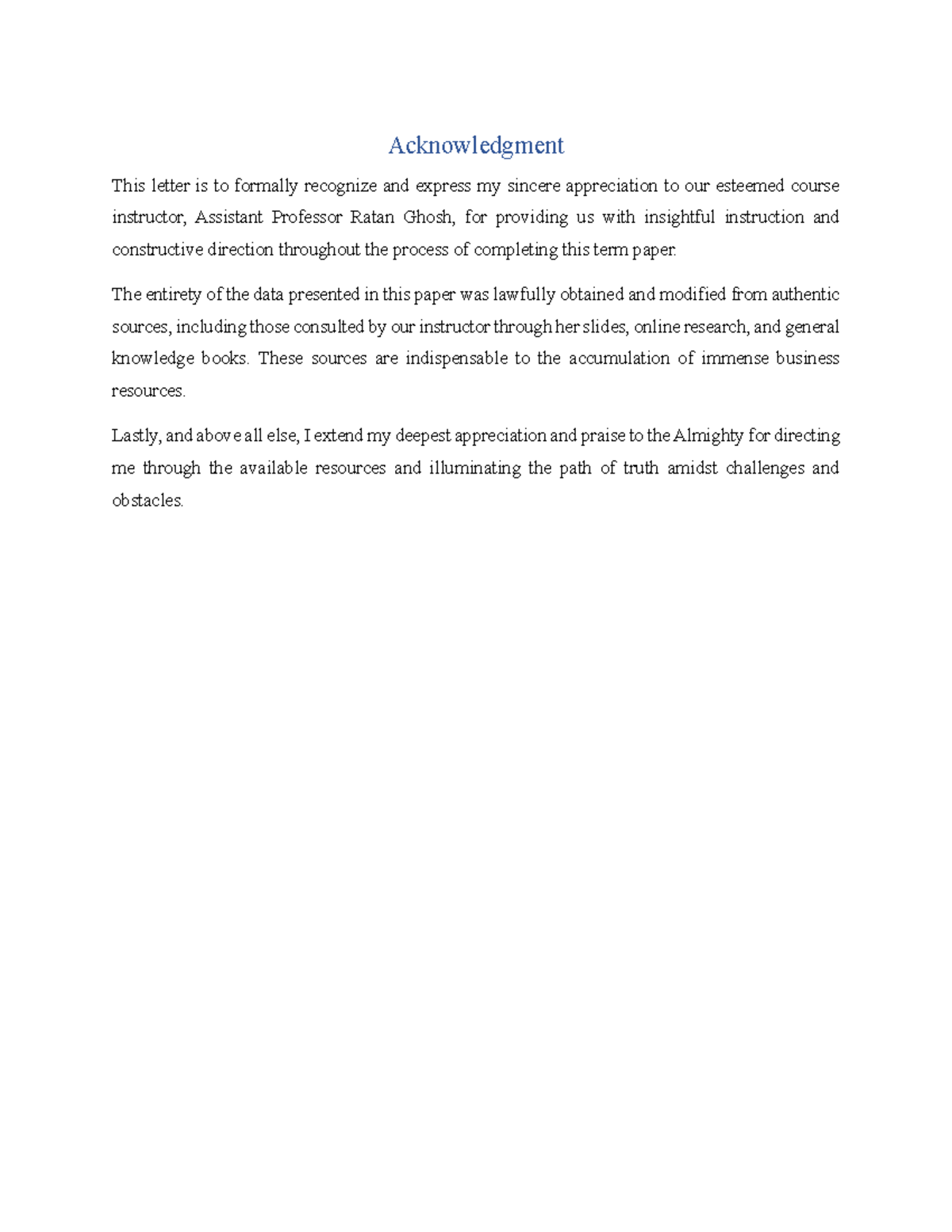 Final Copy of FIN TP - A term paper on ratio analysis - Acknowledgment ...