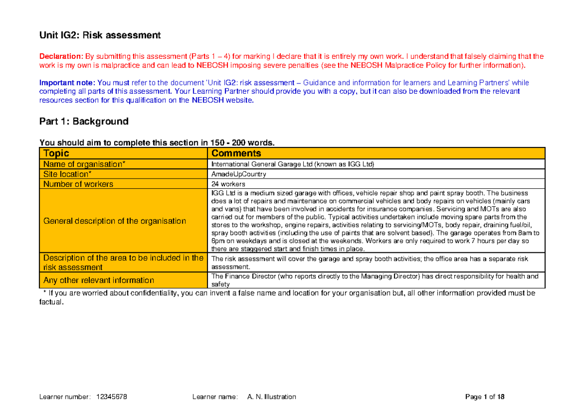 Sample nebosh - Unit IG2: Risk assessment Declaration: By submitting this assessment (Parts 1 ...