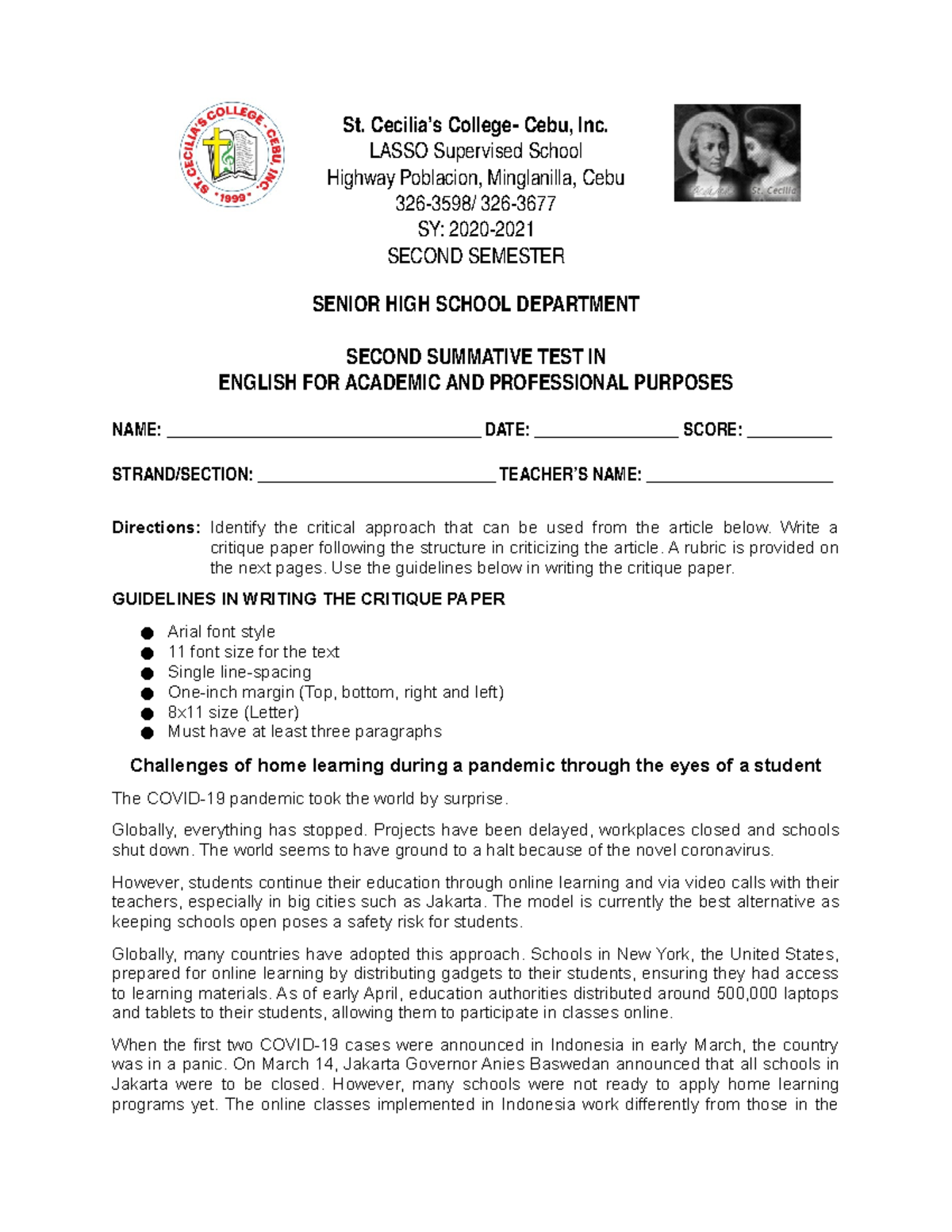 Second Summative Test SY - St. Cecilia’s College- Cebu, Inc. LASSO ...