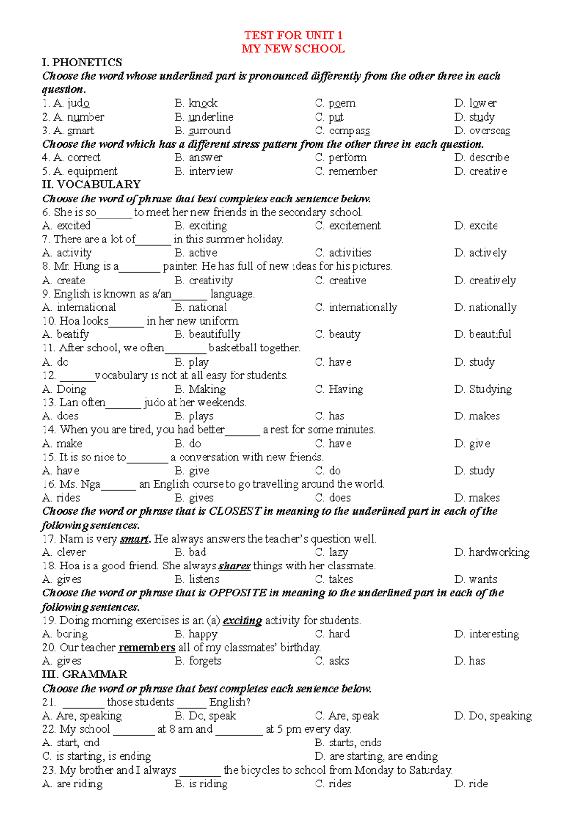 Global Success Tests Nang cao Du 12 Unit - TEST FOR UNIT 1 MY NEW ...