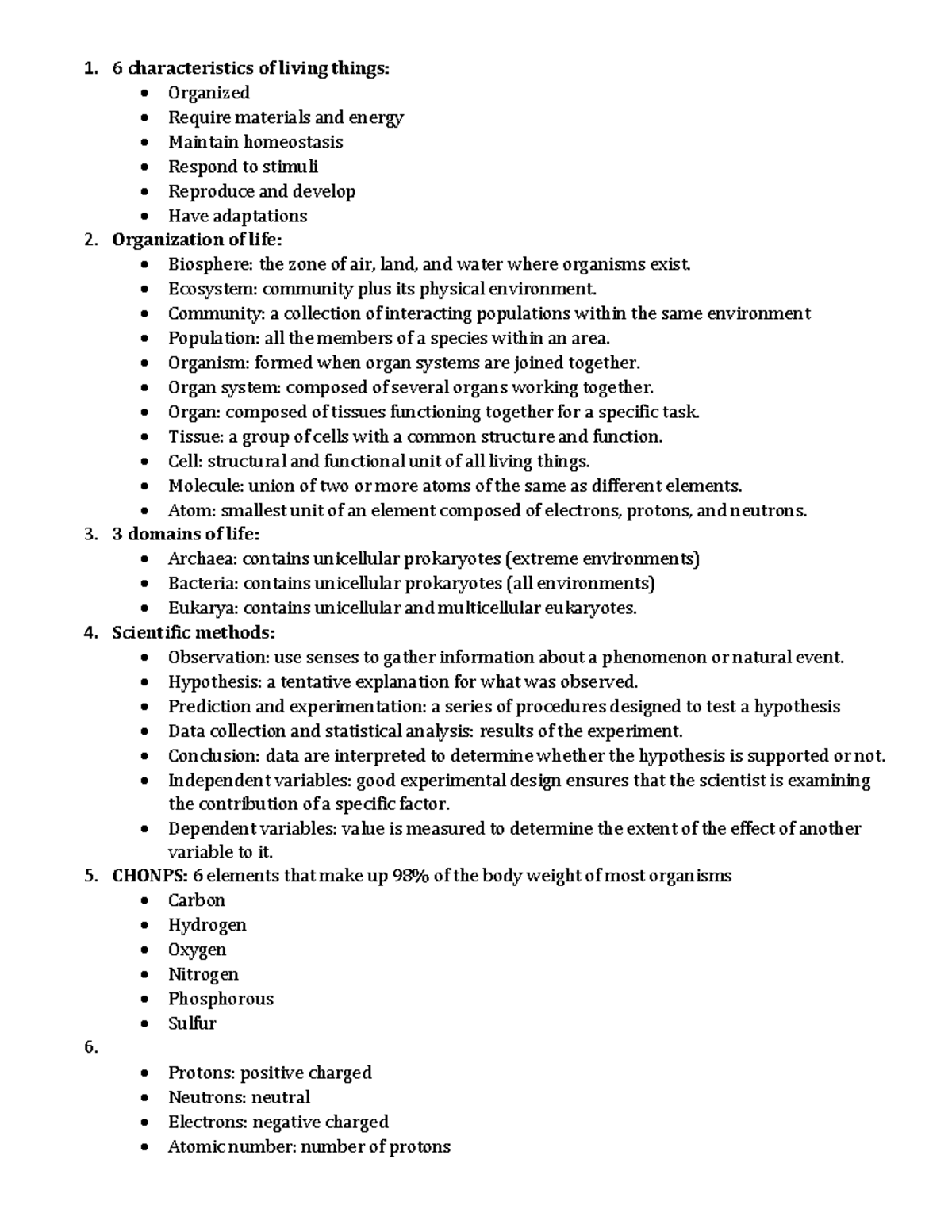 Final Bio Lecture Study Guide - 1. 6 characteristics of living things ...